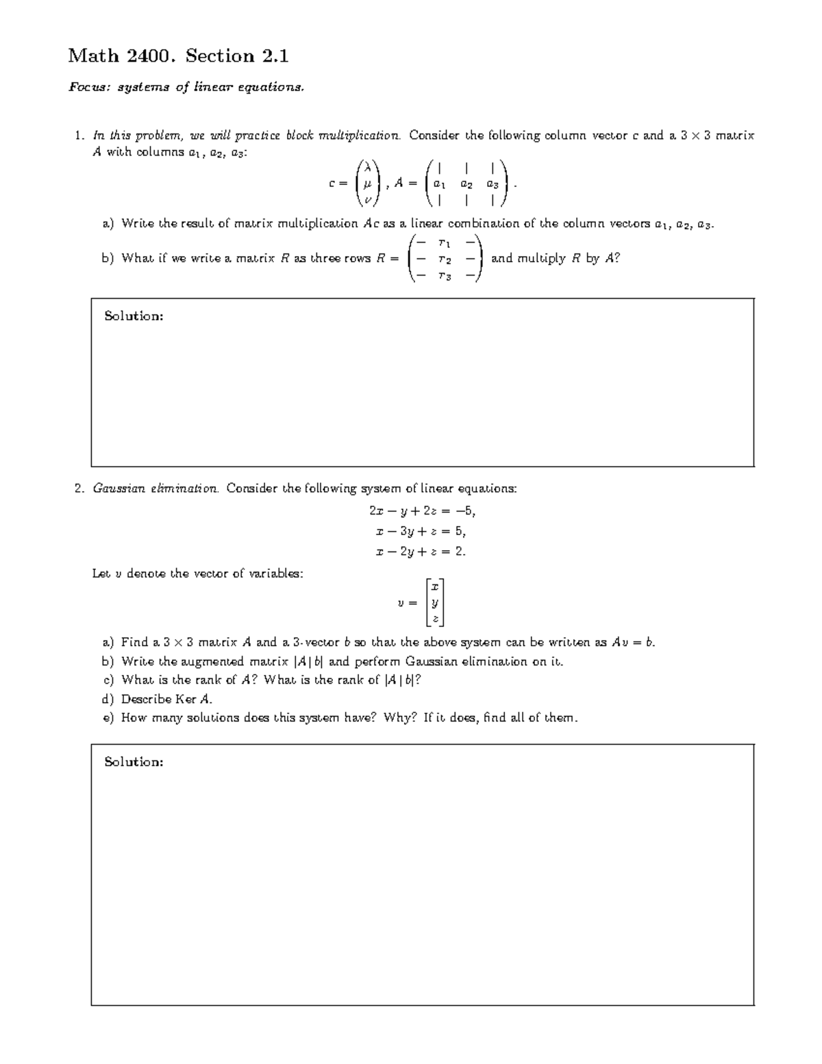 Math 2400: Sec 2.1 - Systems of Linear Equations & Matrix Operations ...