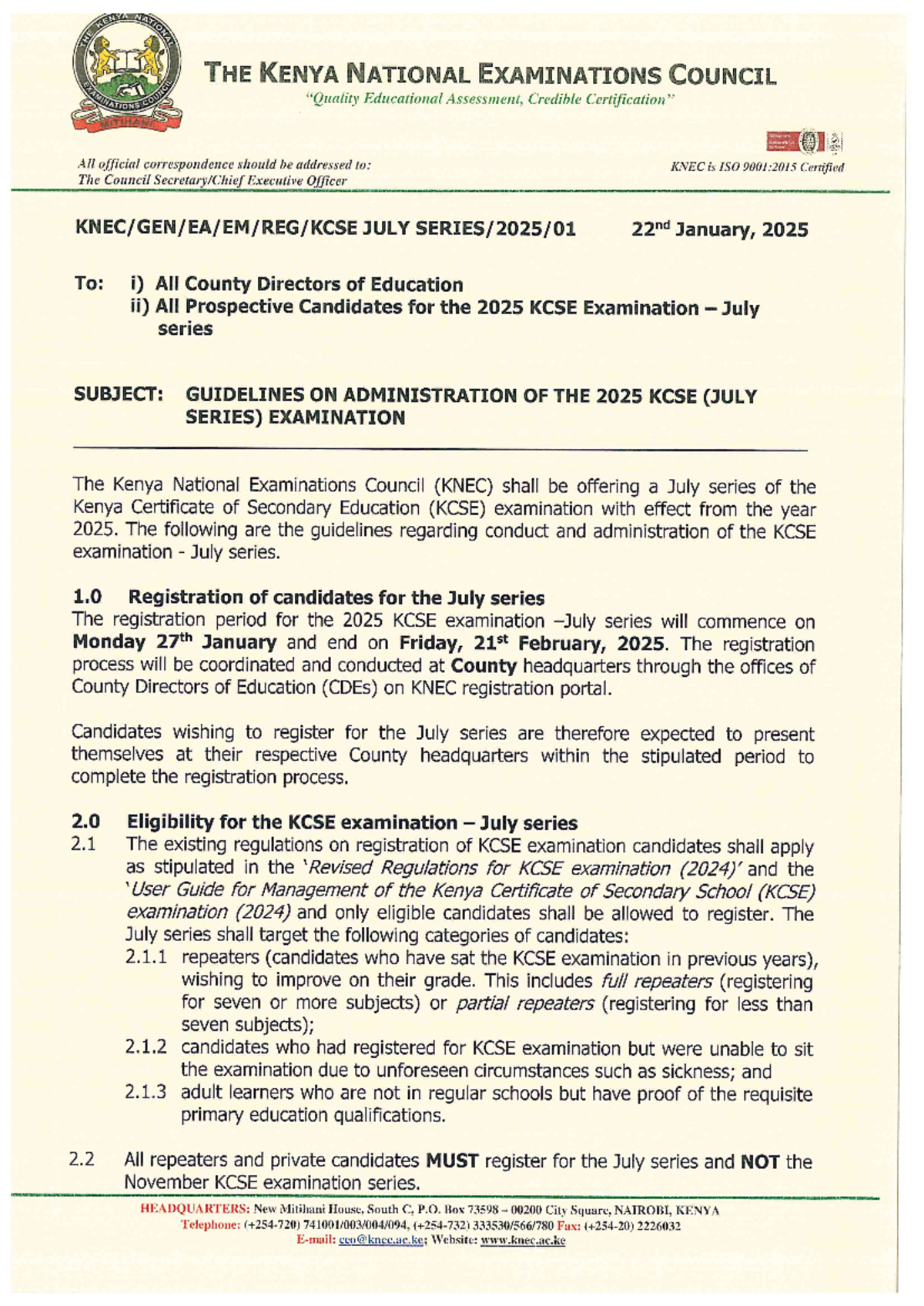 Guidelines ON Administration OF THE 2025 KCSE JULY EXAM -CDEs - KENYA ...