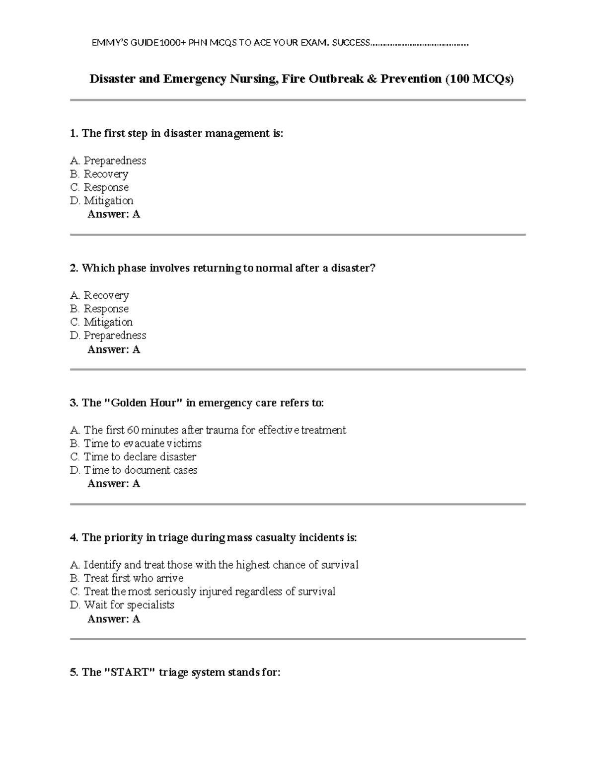PHN 101: Disaster & Emergency Nursing MCQs for Exam Success - Studocu