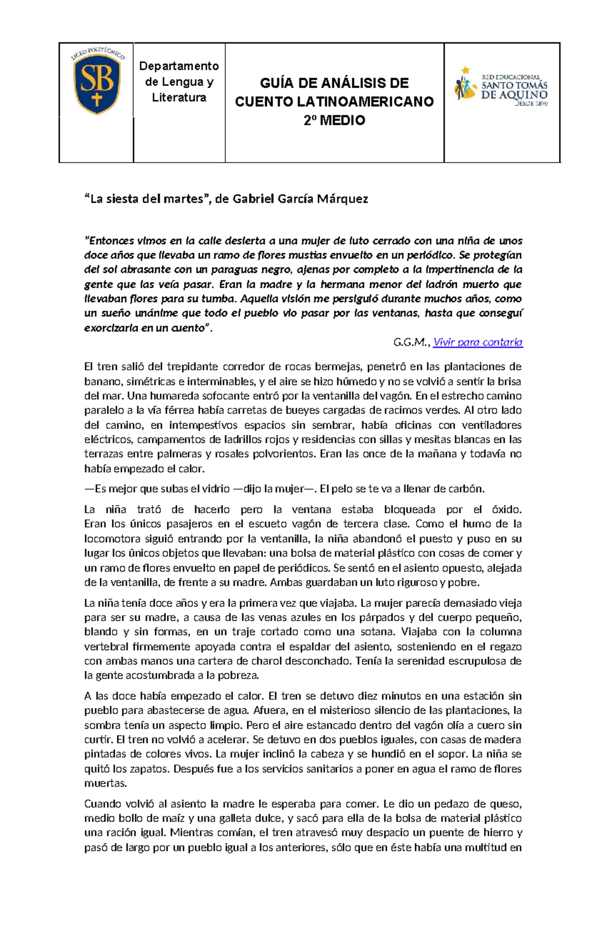 GUÍA DE ANÁLISIS DEL CUENTO "LA SIESTA DEL MARTES" 2º MEDIO - Studocu