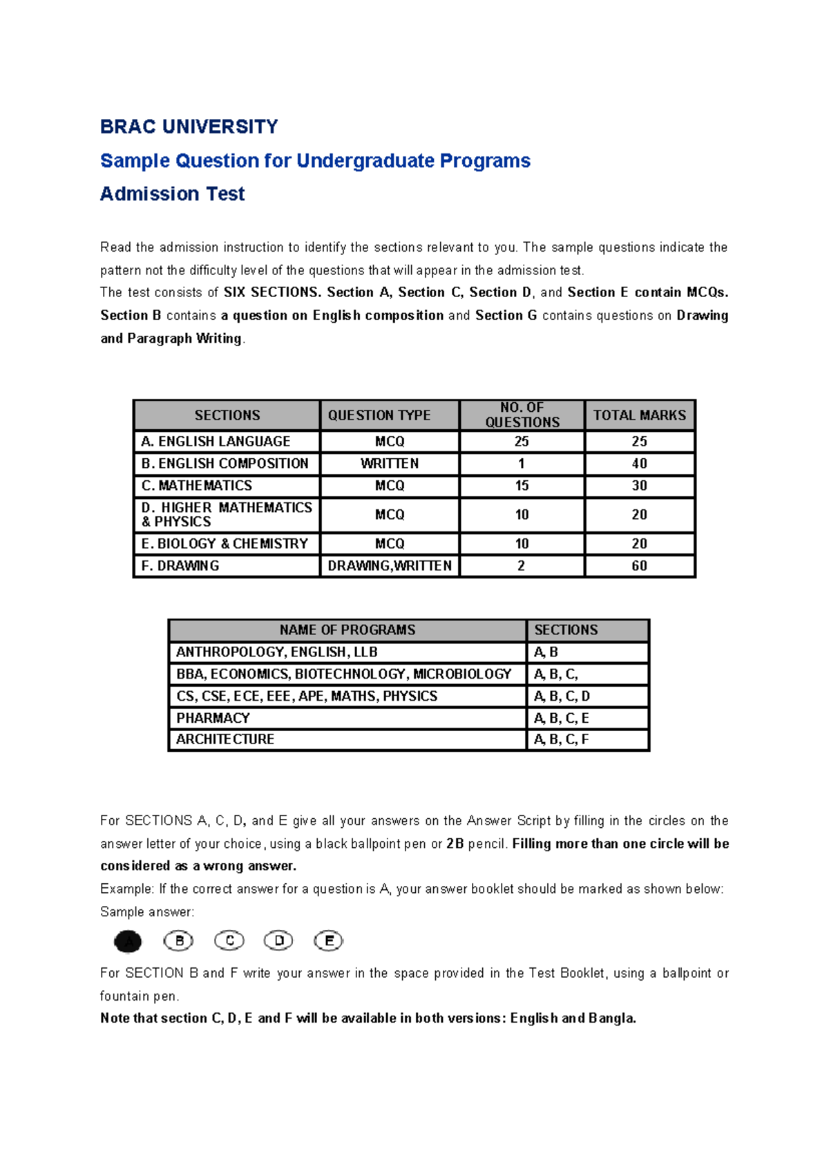 BRAC UNIVERSITY Sample Questions for Undergraduate Admission Test - Studocu