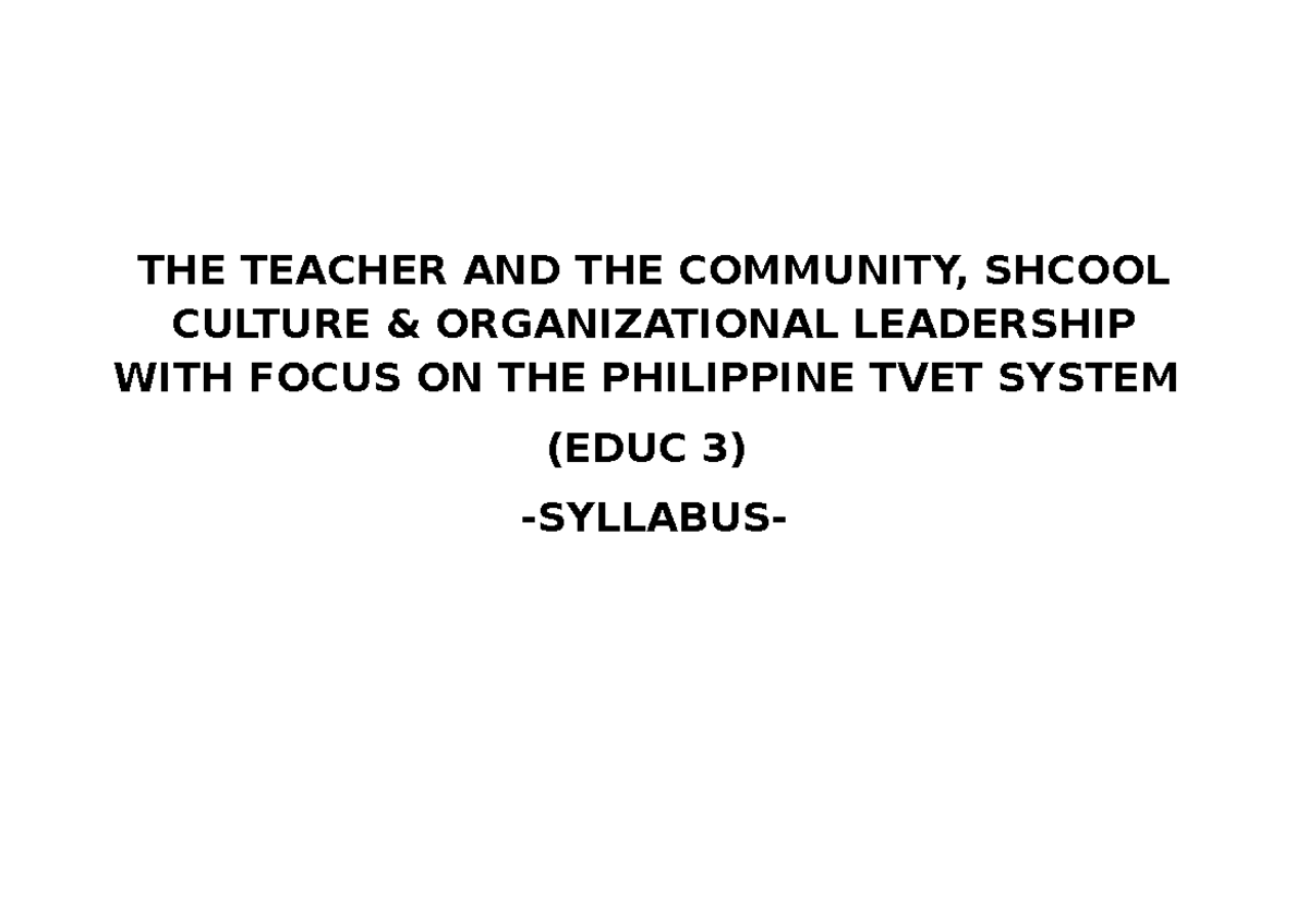 Syllabus - THE TEACHER AND THE COMMUNITY, SHCOOL CULTURE ...