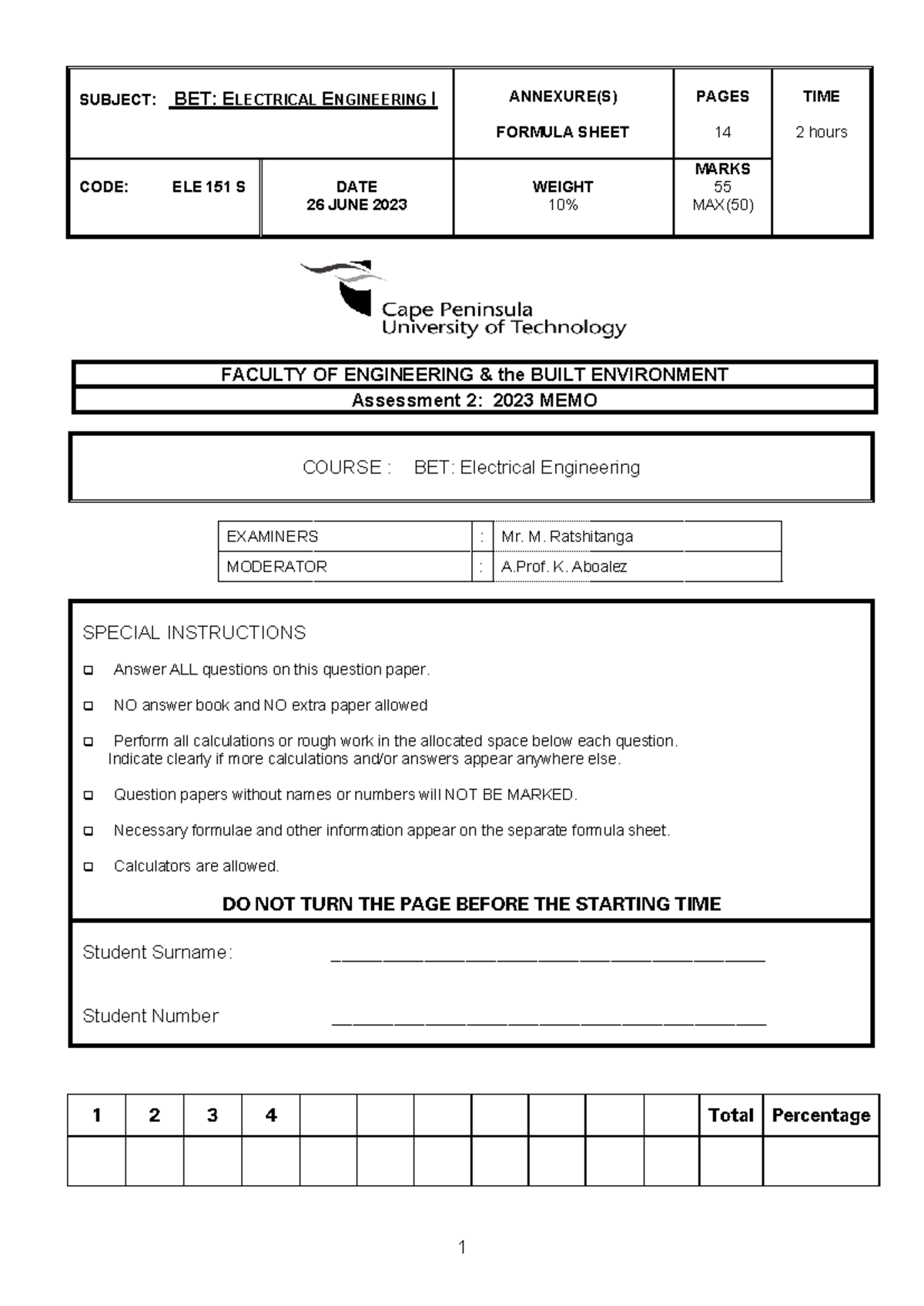2023 ELE151S - Assessment 2 MEMO - SUBJECT: BET: E LECTRICAL E ...
