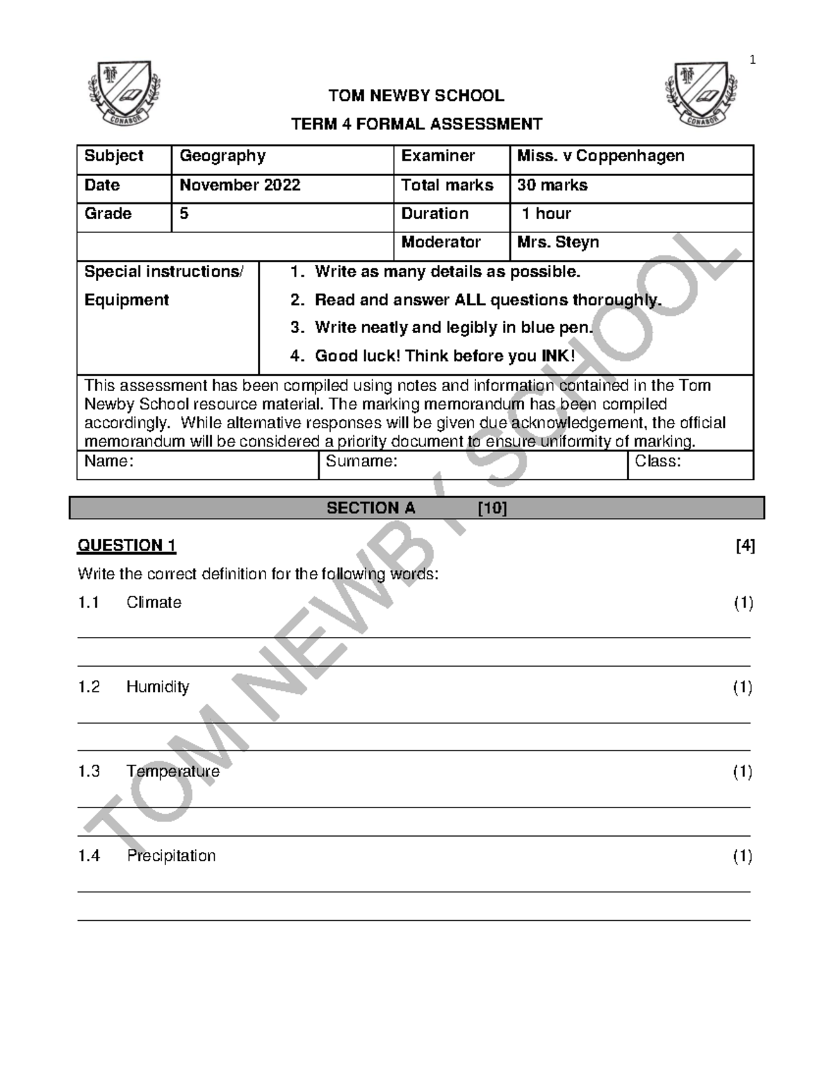 Grade 5 Geography Term 4 Assessment Script - November 2022 - Studocu