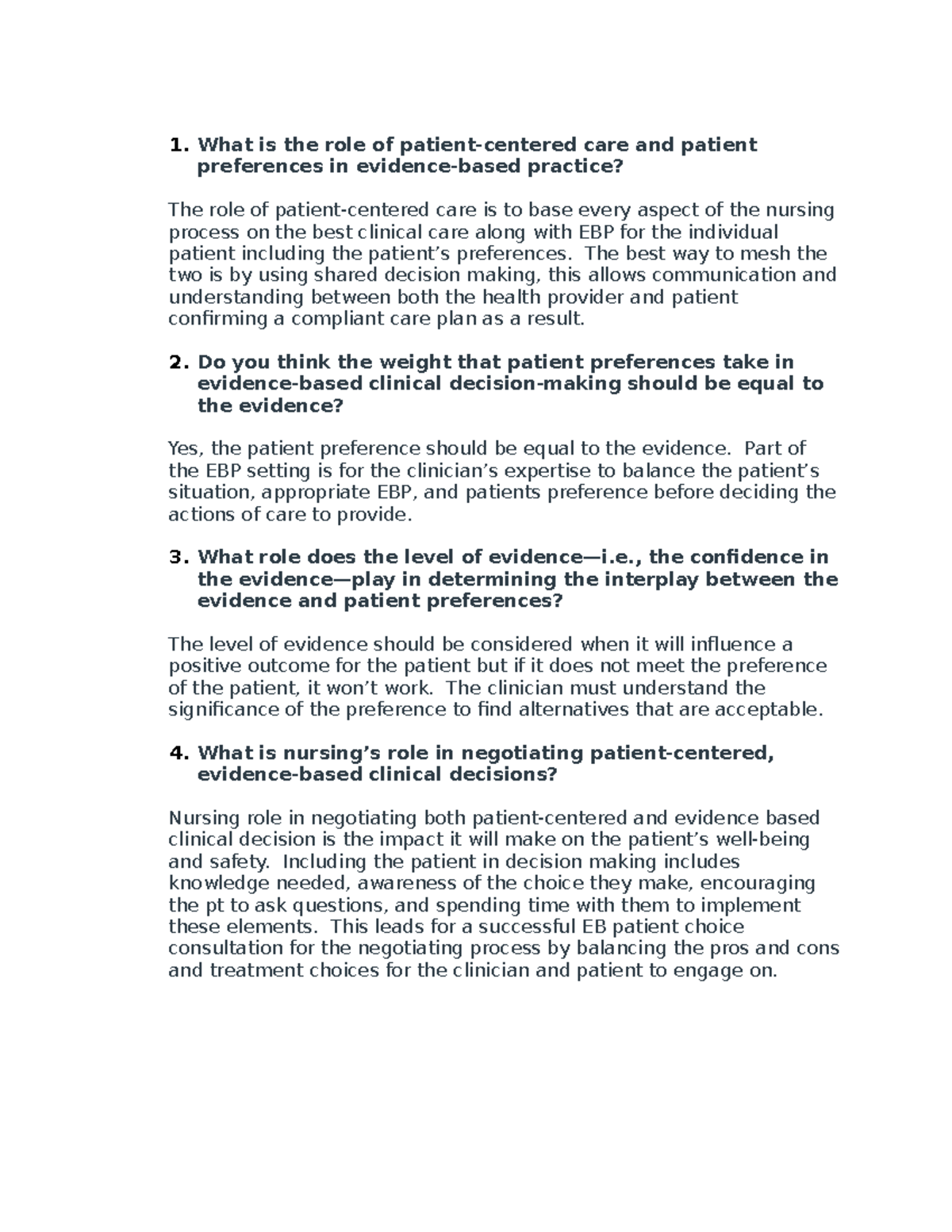 Critical Thinking Questions: Patient-Centered Care EBP Module 2 - Studocu