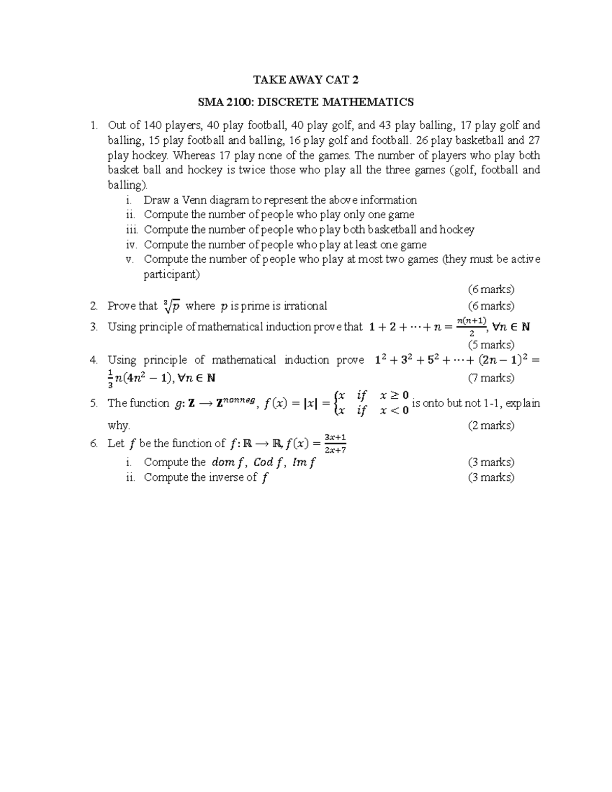 TAKE AWAY CAT 2 - Discrete Math Assignment on Sets & Logic (SMA 2100) - Studocu