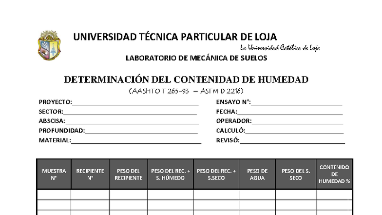 Formato contenido de humedad - DETERMINACIÓN DEL CONTENIDAD DE HUMEDAD ...