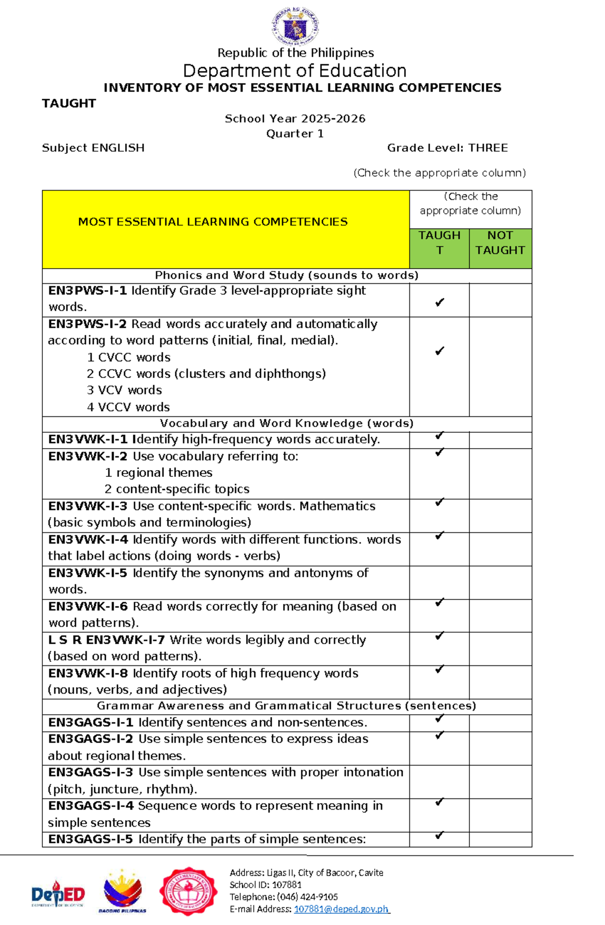 Inventory of Essential Learning Competencies for Grade 3 English - SY ...