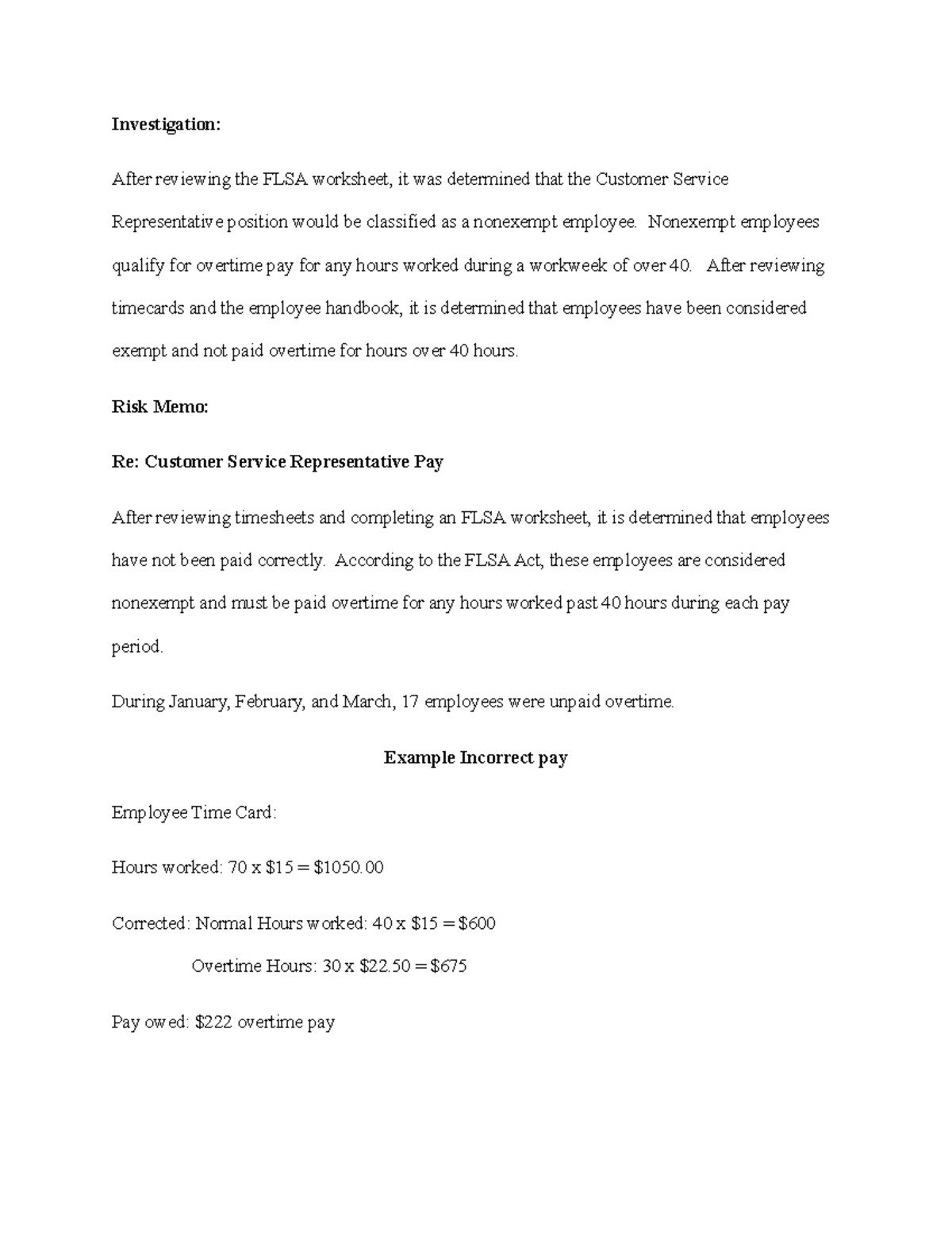 HRM 225 5.1 Project: FLSA Compliance & Customer Service Pay Issues ...