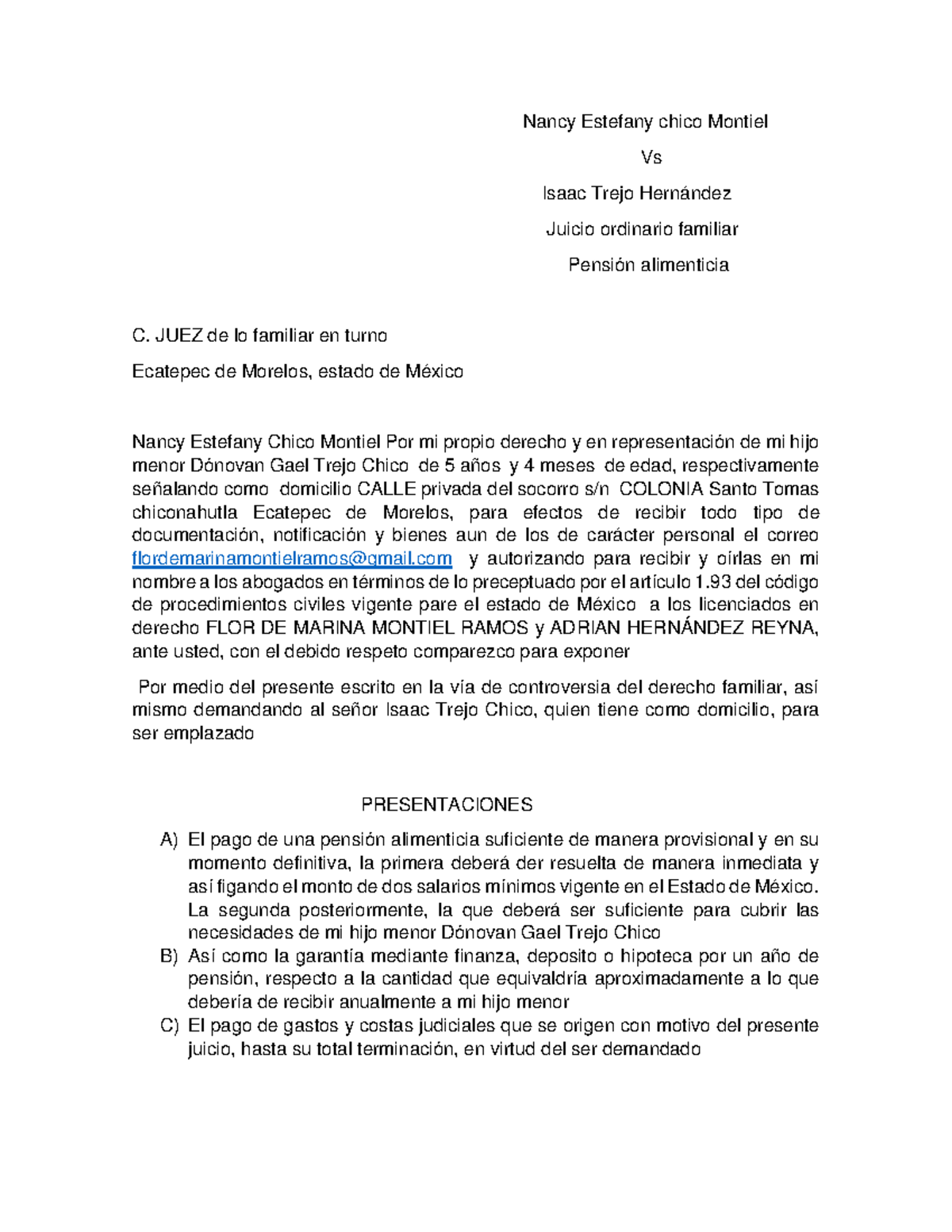 Demanda Ordinaria Familiar: Pensión Alimenticia - Nancy Estefany vs ...