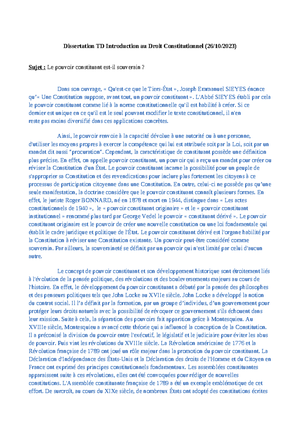 TD 3 Dissertation - La Souveraineté du Pouvoir Constituante Examinée - Studocu