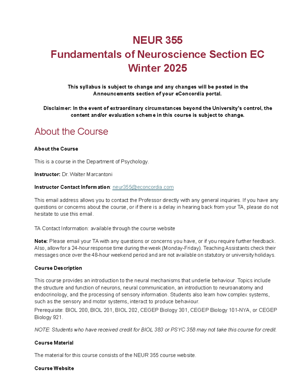 NEUR 355 Course Outline: Fundamentals of Neuroscience Winter 2025 - Studocu