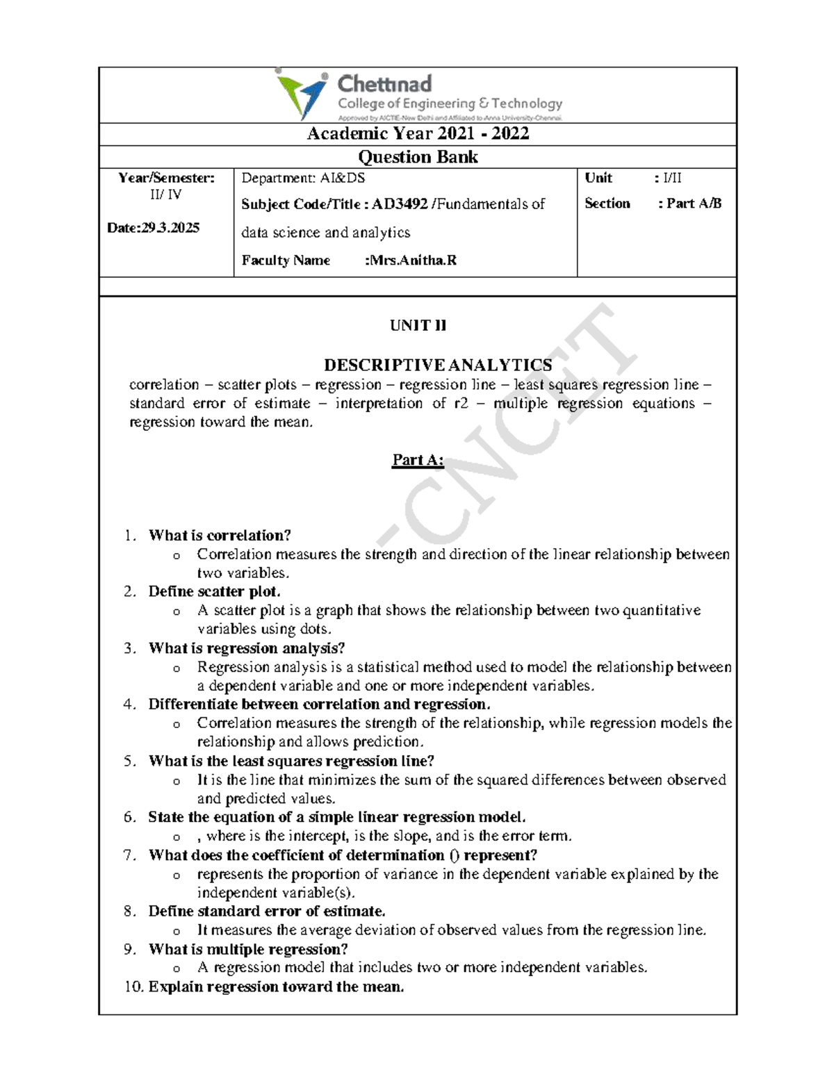 Question Bank AD3492: Descriptive & Inferential Analytics - Studocu
