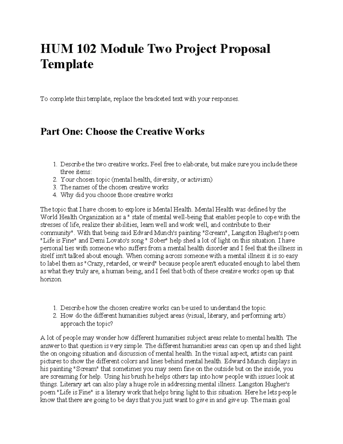 HUM 102 Module Two Project Proposal Template - Part One: Choose the ...