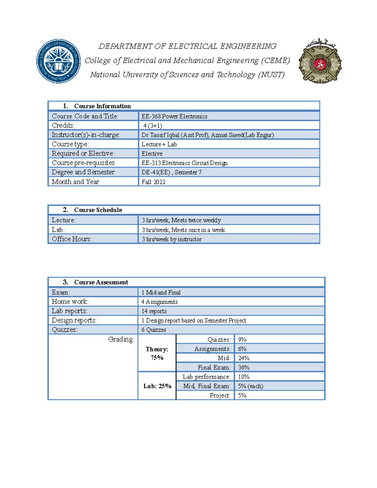EE-368 Power Electronics course outline - DEPARTMENT OF ELECTRICAL ...