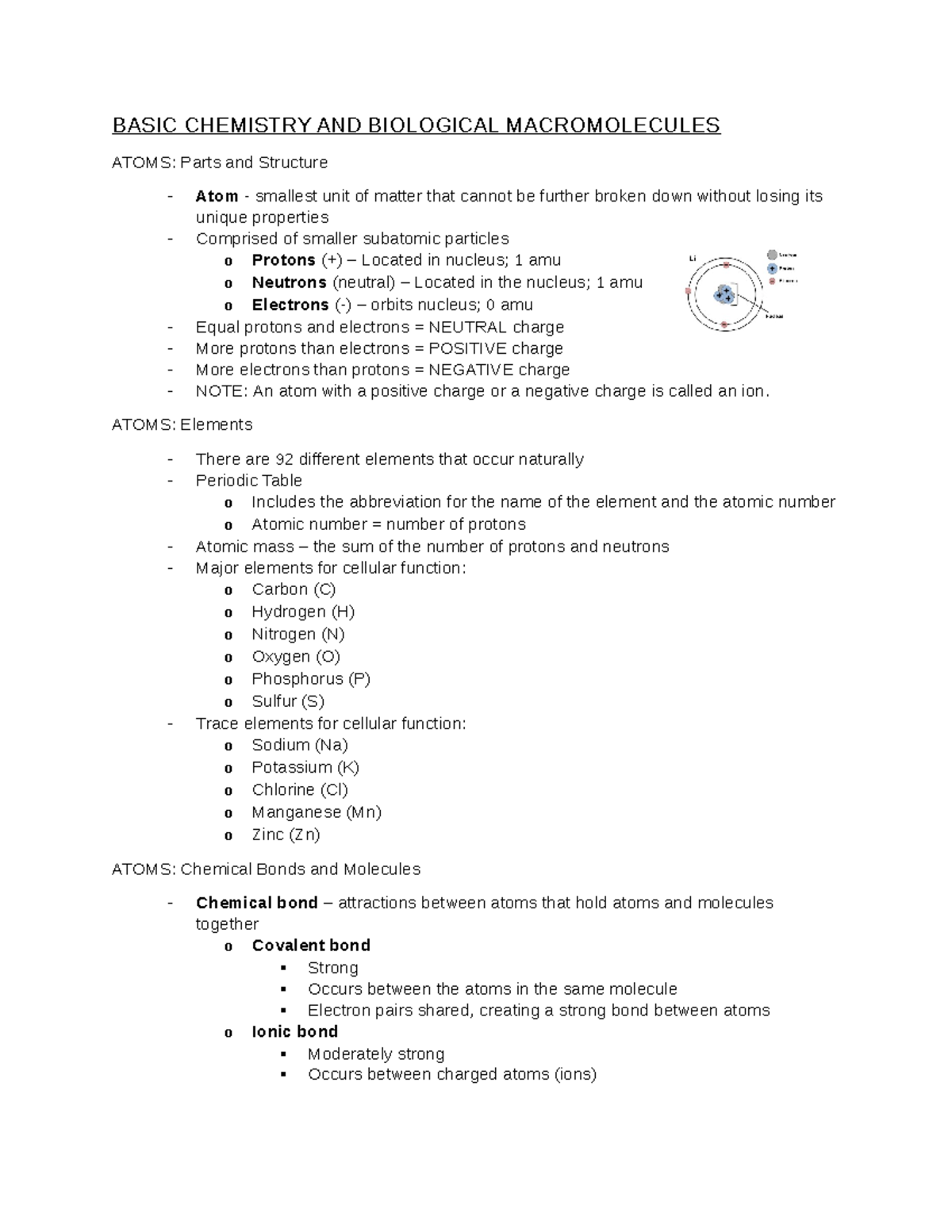 C190 Basic Chemistry and Biological Macromolecules Notes - Studocu
