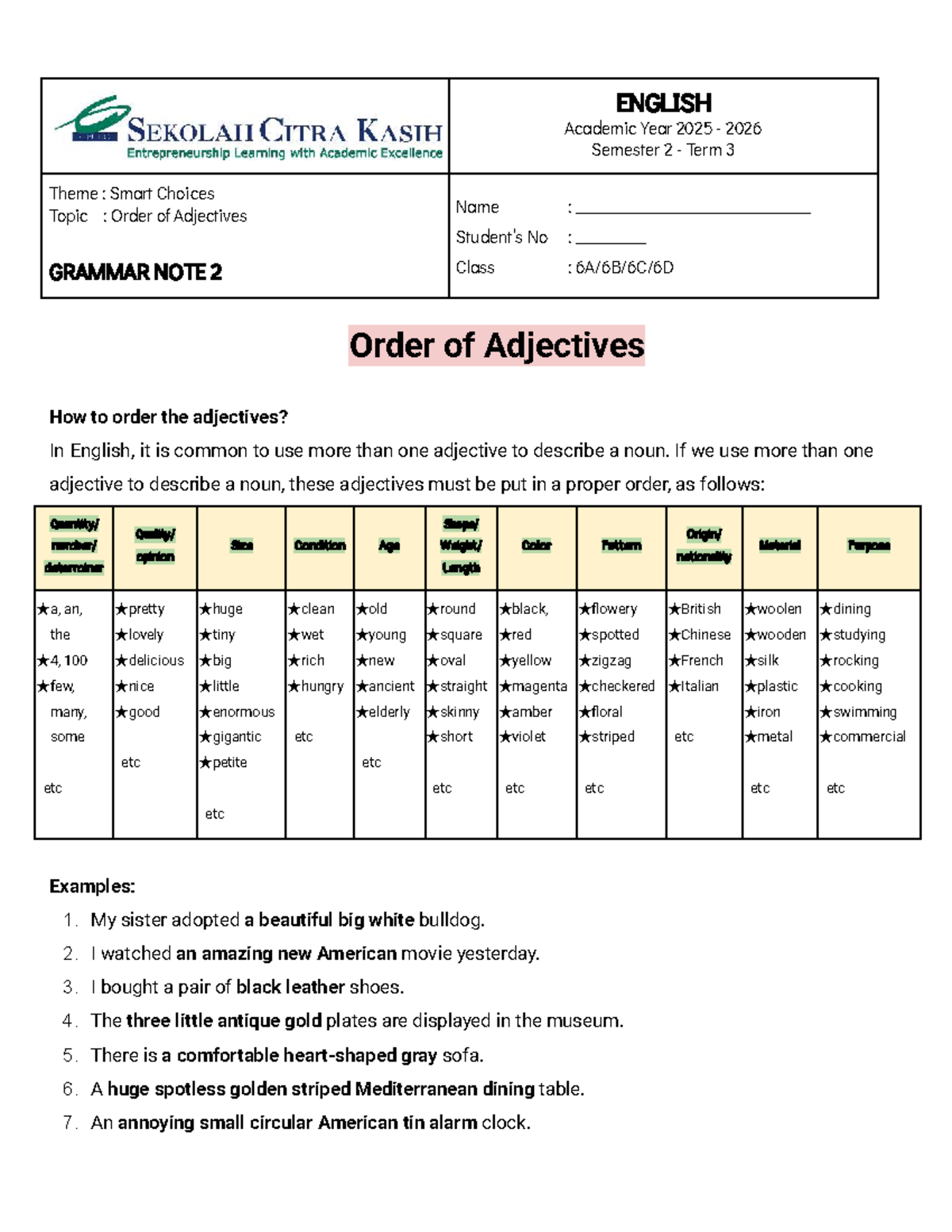 ENGLISH Grammar Note 2: Order of Adjectives - AY 2025-2026 - Studocu