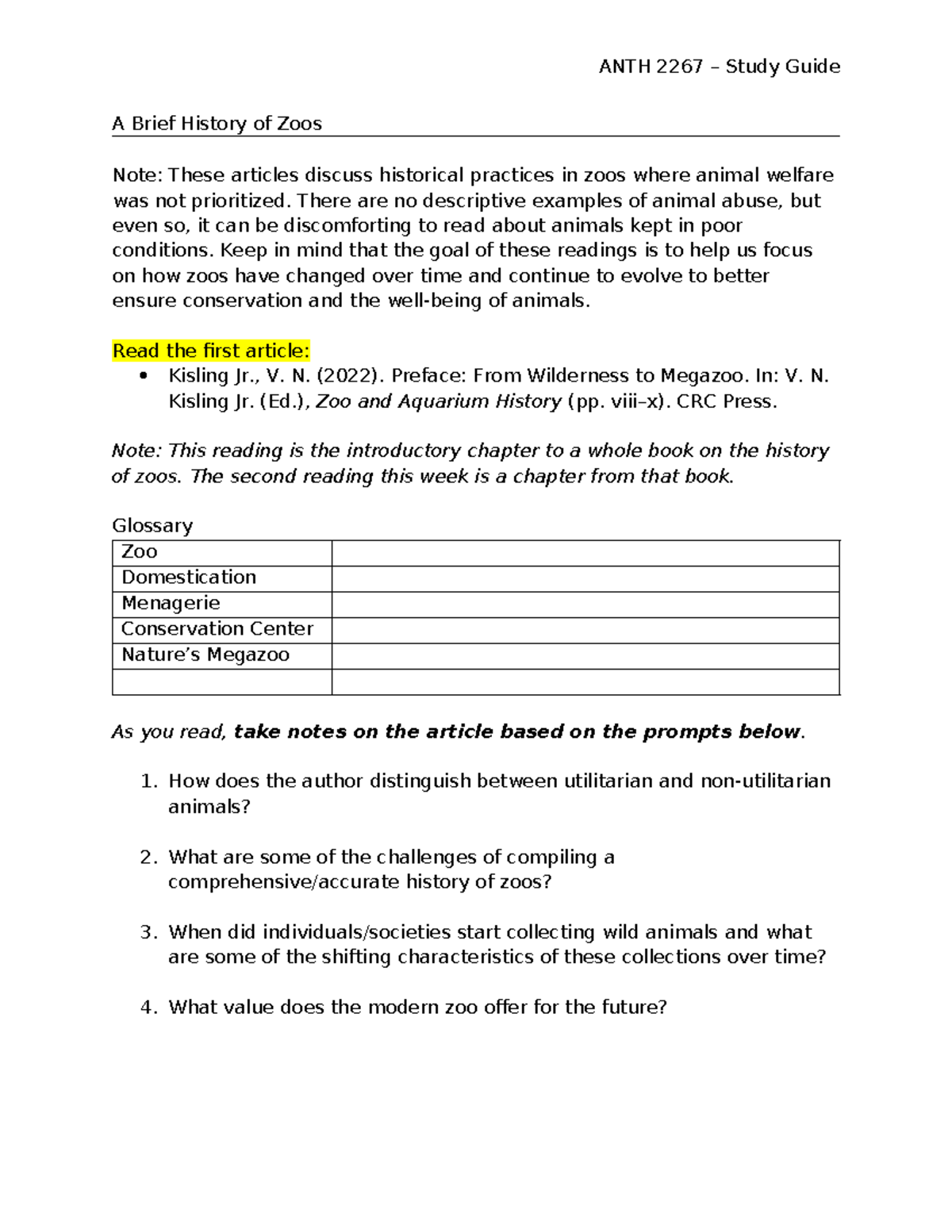 ANTH 2267 Study Guide: Evolution of Zoos and Animal Welfare - Studocu