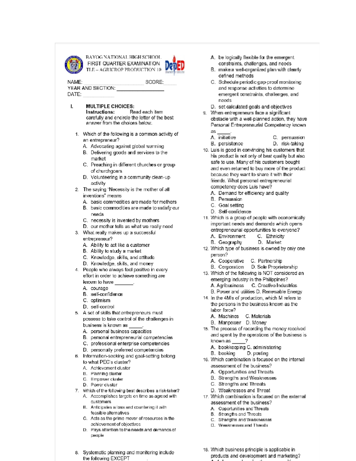 TLE AGRICROP PRODUCTION 10: First Quarter Exam Review and Study Guide - Studocu