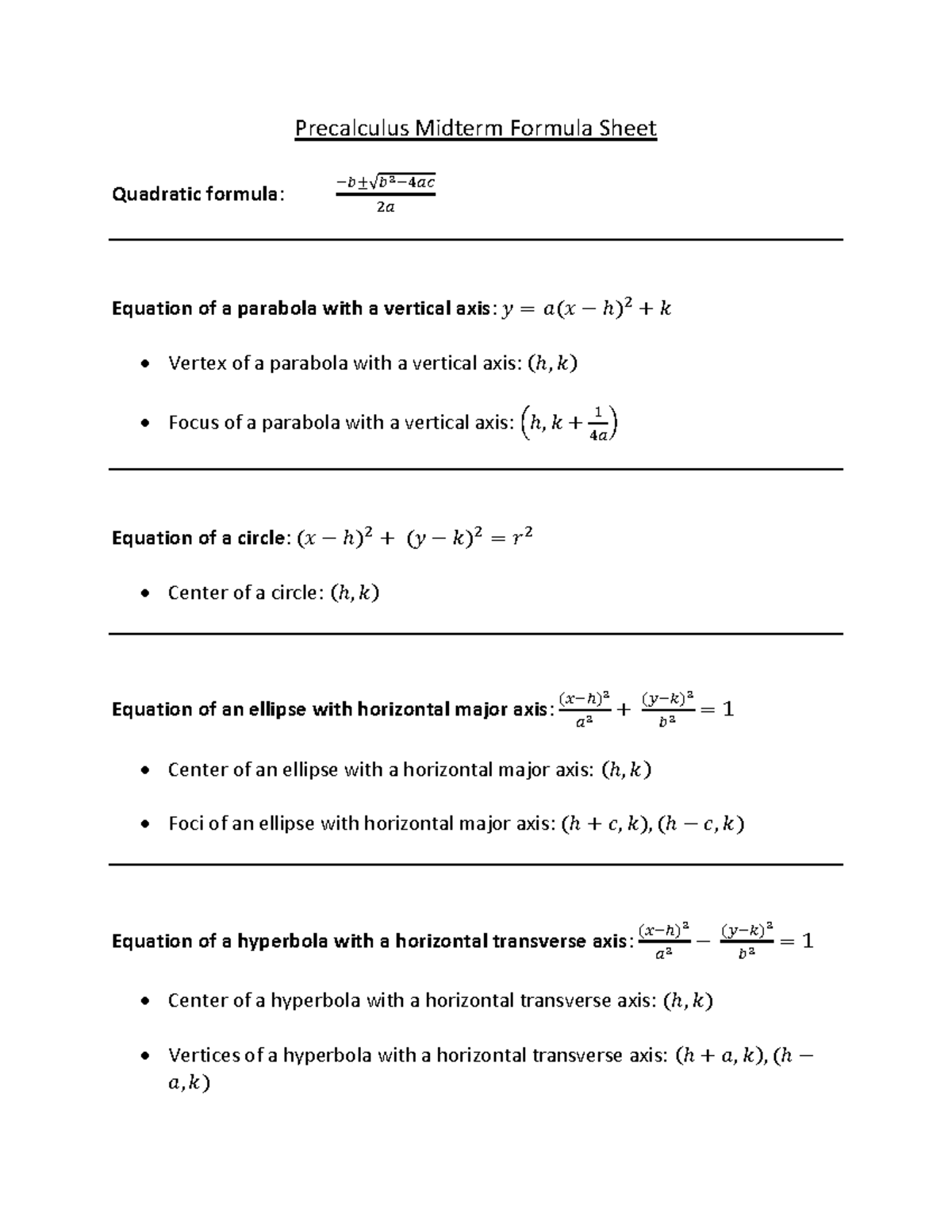 Precalculus Midterm Essential Formula Sheet - Studocu