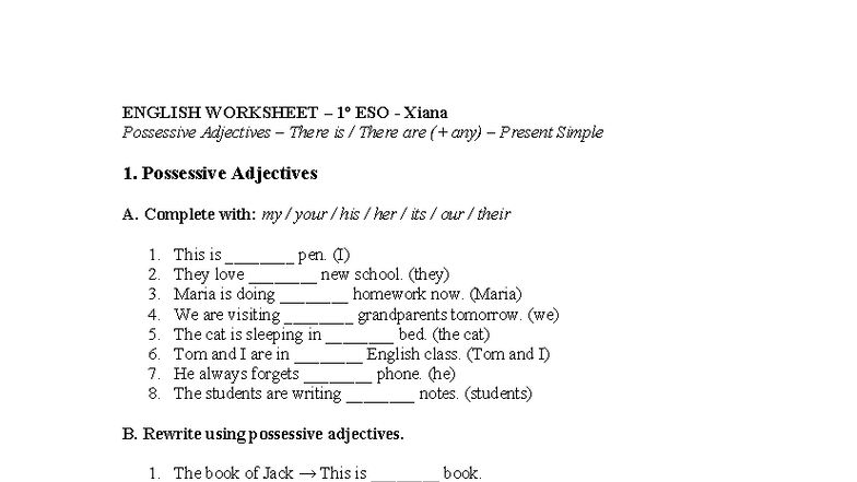 ENGLISH WORKSHEET 1º ESO: Possessive Adjectives & Present Simple - Studocu
