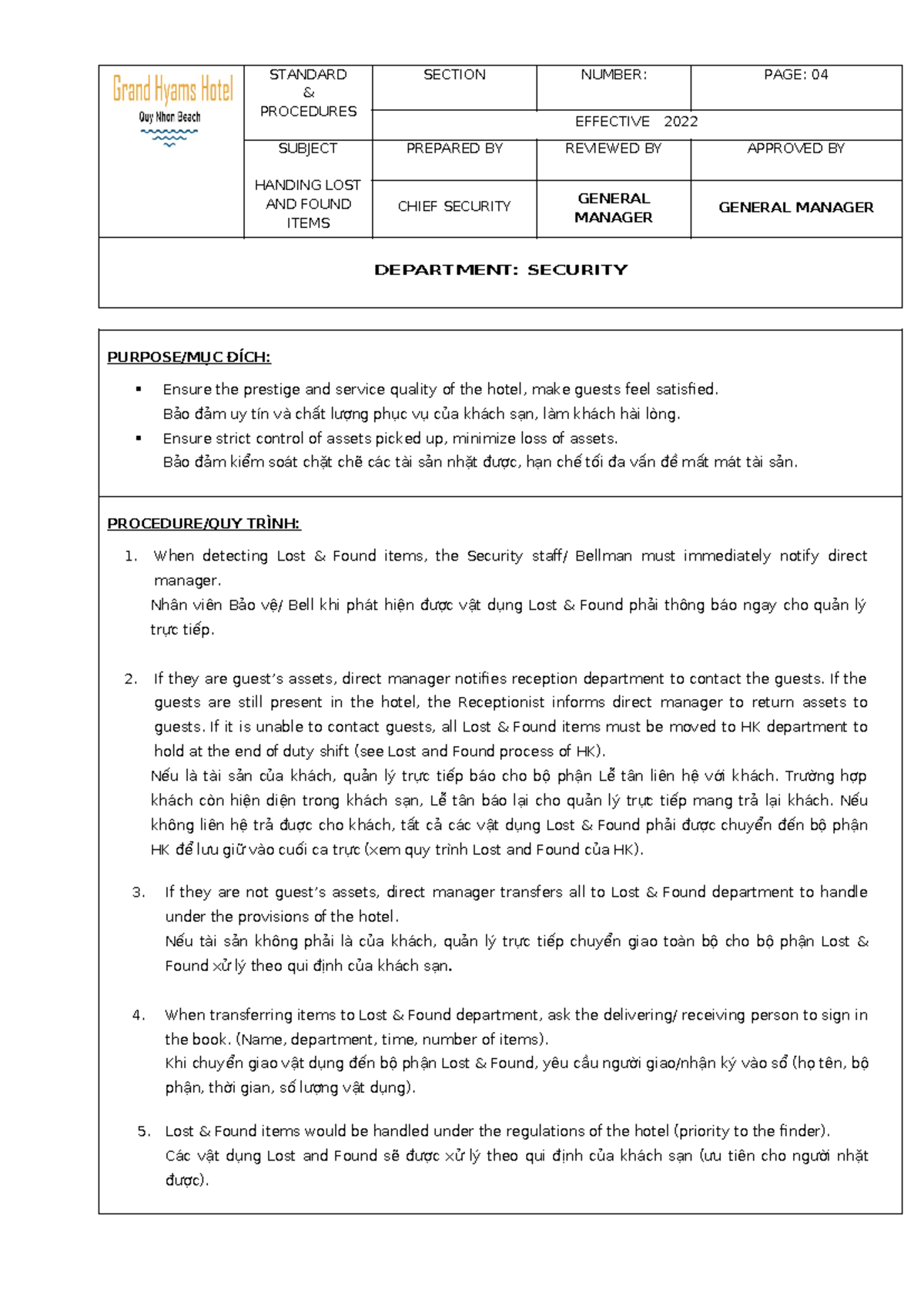 GHQ - SEC - Handling LOST AND Found Items - STANDARD & PROCEDURES ...