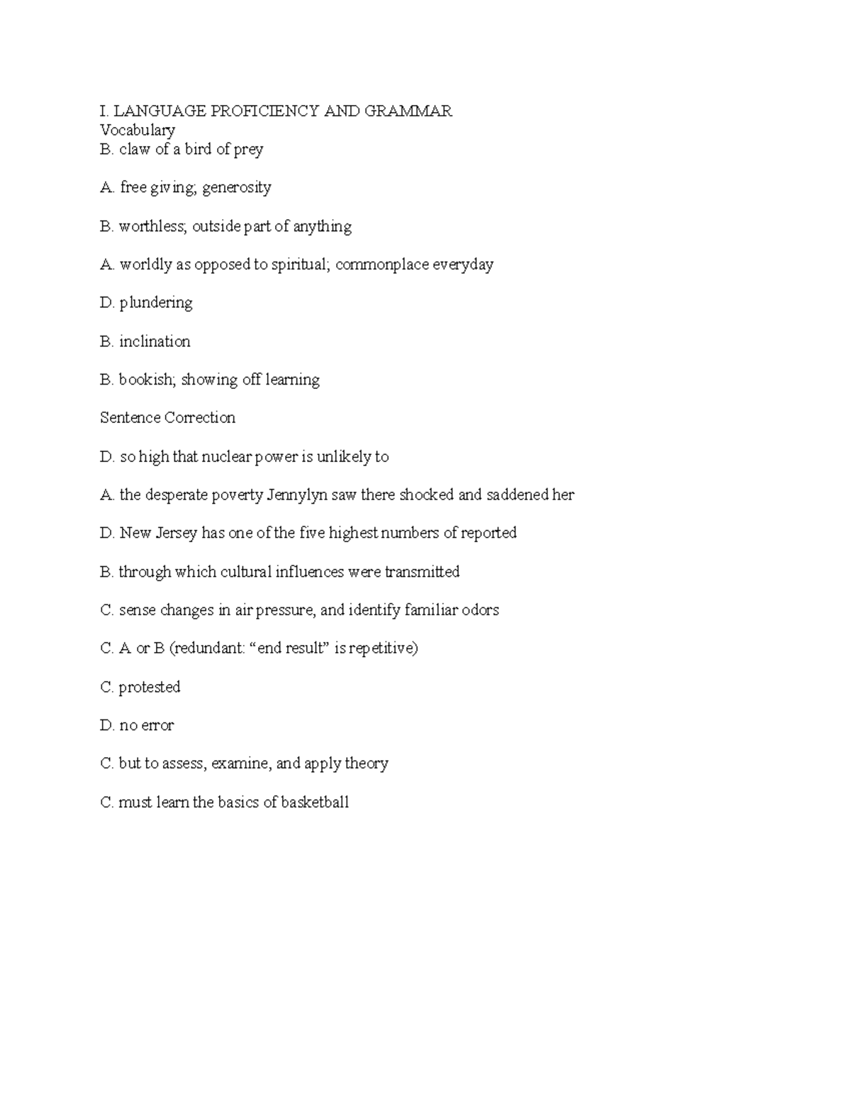 LANG 101: Vocabulary and Grammar Proficiency Review Notes - Studocu