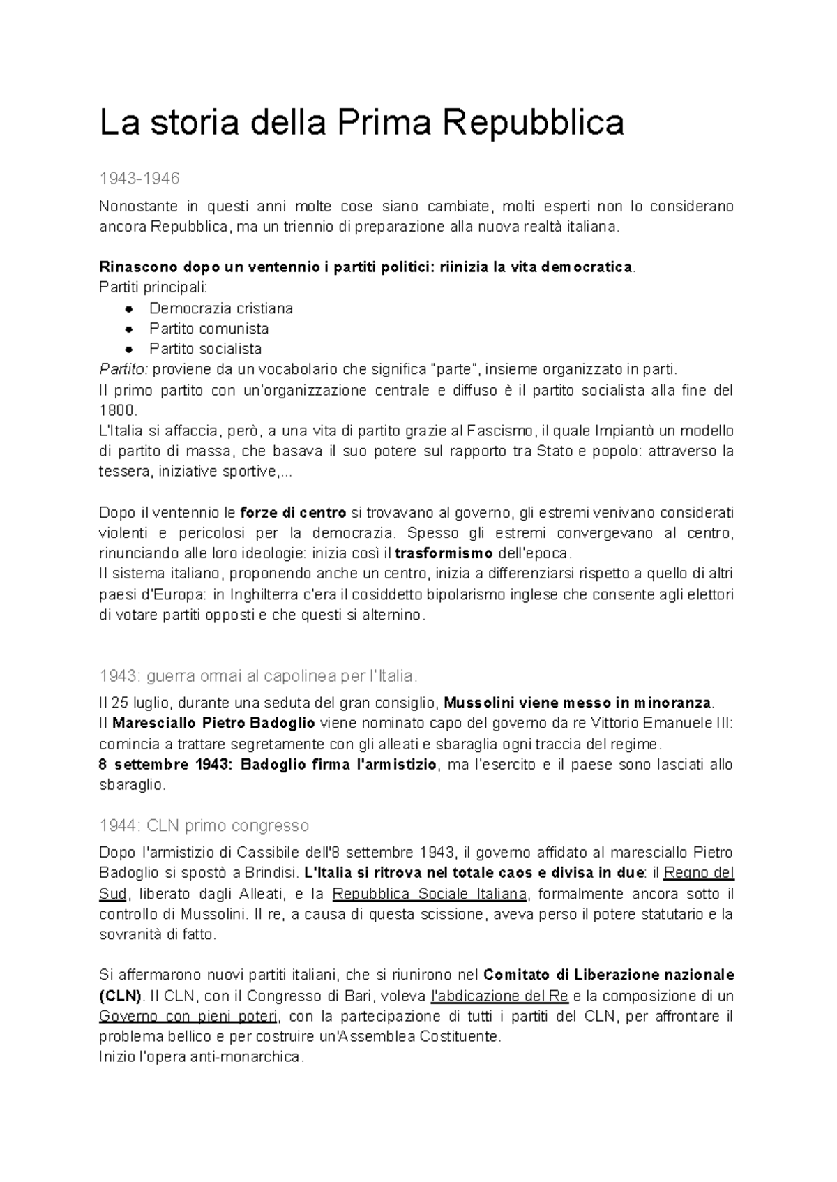 Storia della Prima Repubblica Italiana: Un'Analisi Dettagliata - Studocu