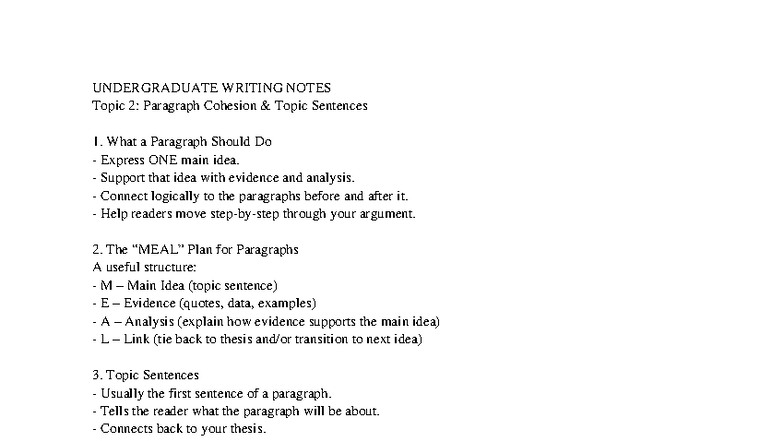 Undergraduate Writing Notes: Paragraph Cohesion & Topic Sentences - Studocu