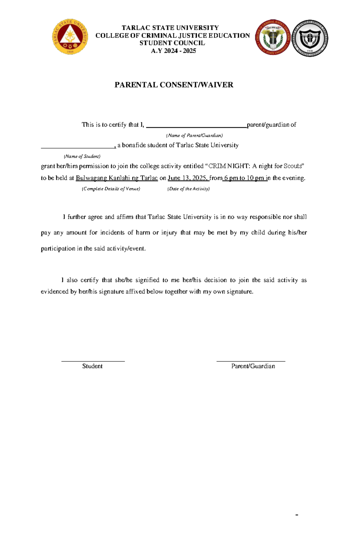 CRIM 2024-2025 Night Parents Waiver Final Document - Studocu