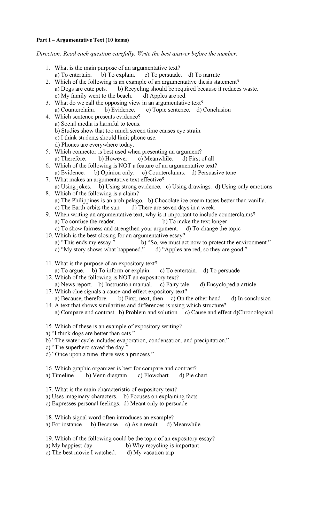 Summative Assessment G10: Argumentative & Expository Texts - Studocu