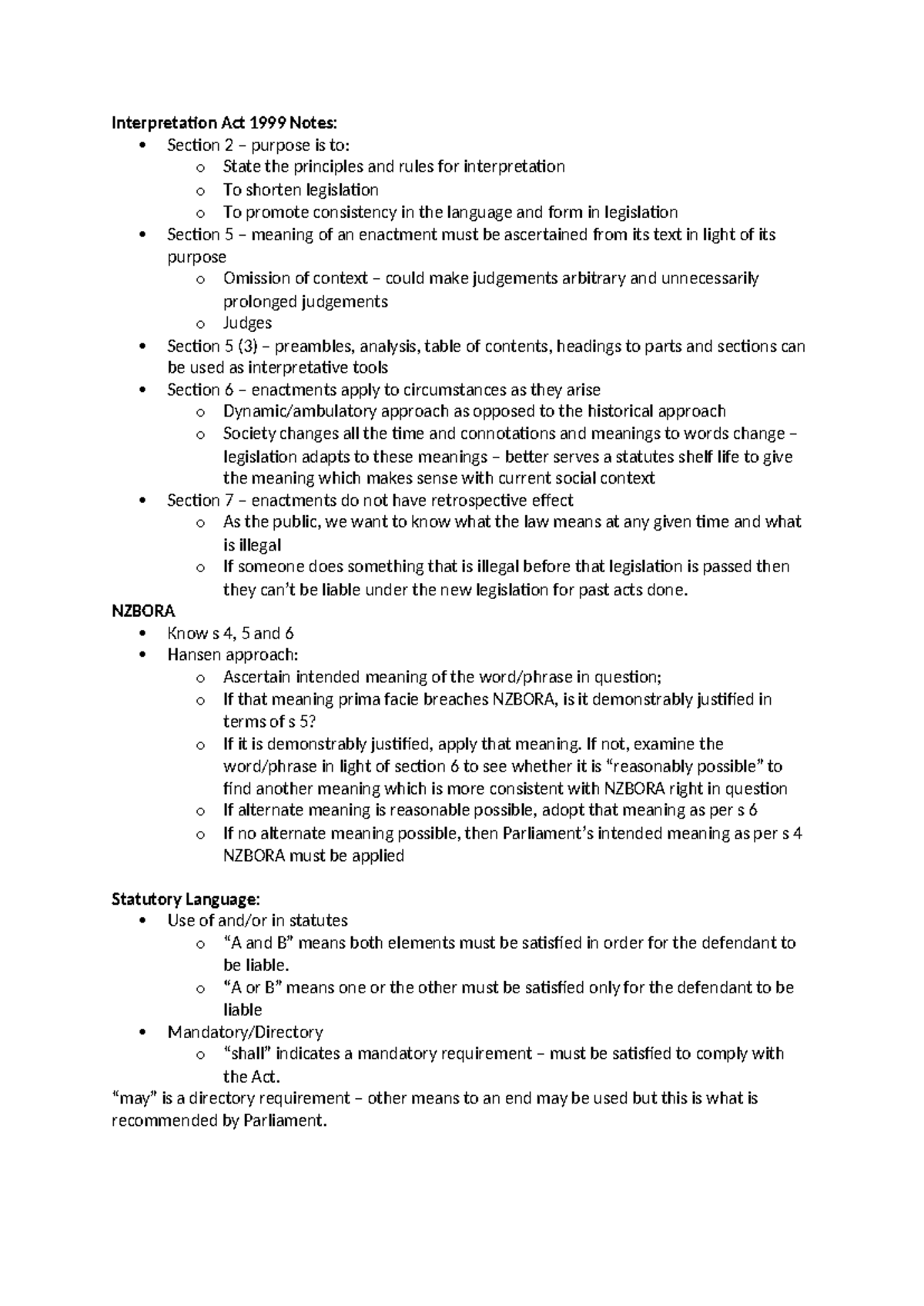 Interpretation Act Notes: Key Principles & NZBORA Insights - Studocu