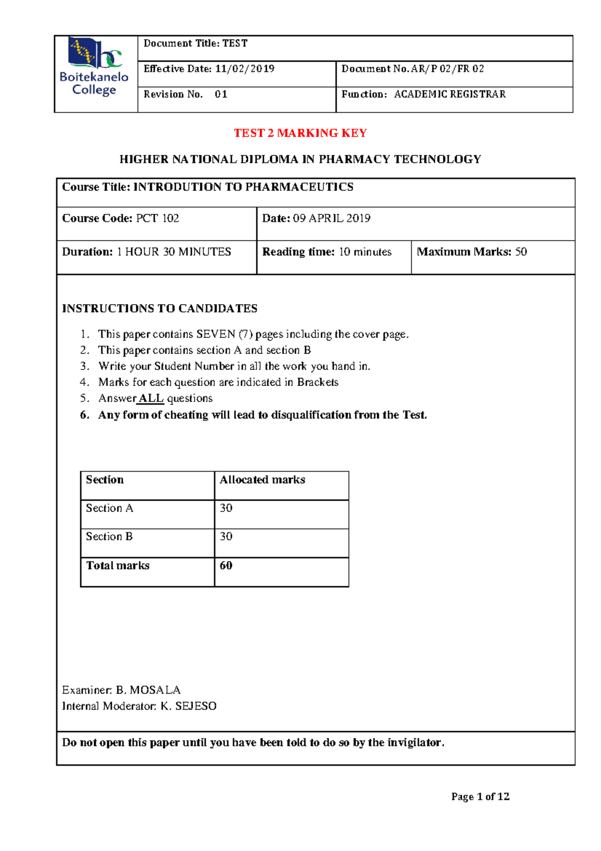 PCT 102 TEST 2 MARKING KEY - Practice Questions in Pharmaceutics - Studocu