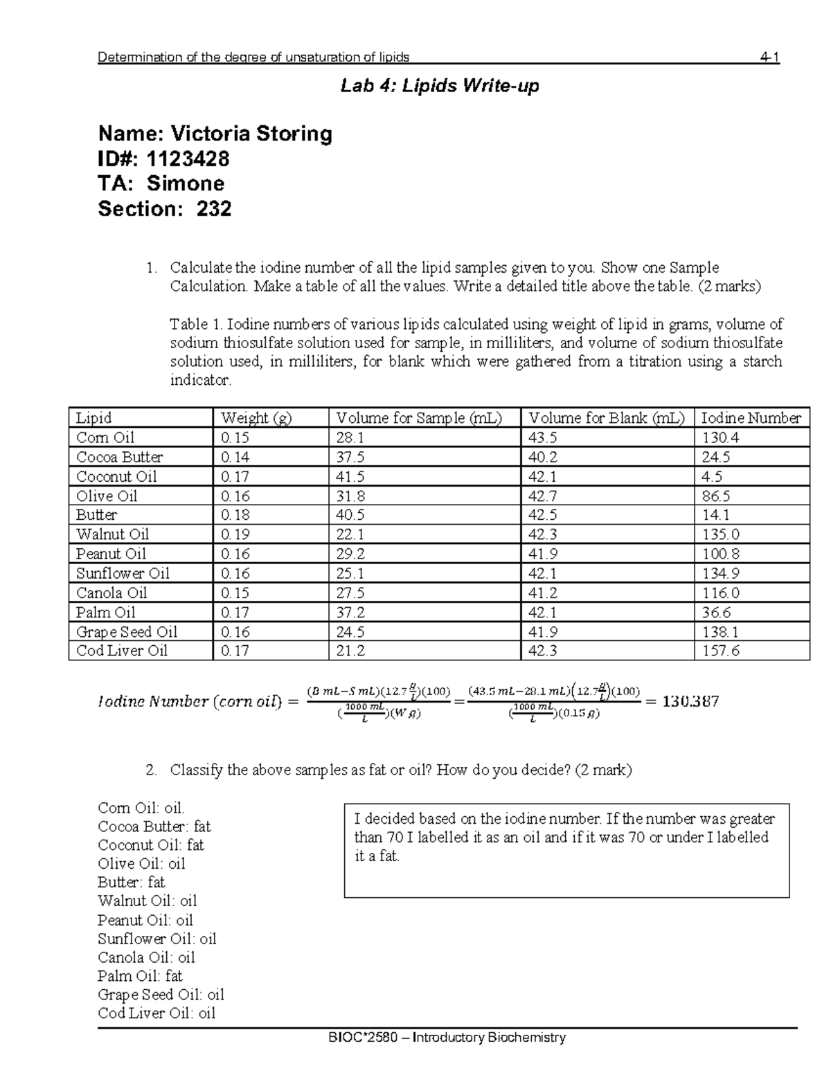 Lipid Lab Write-up - Determination of the degree of unsaturation of ...
