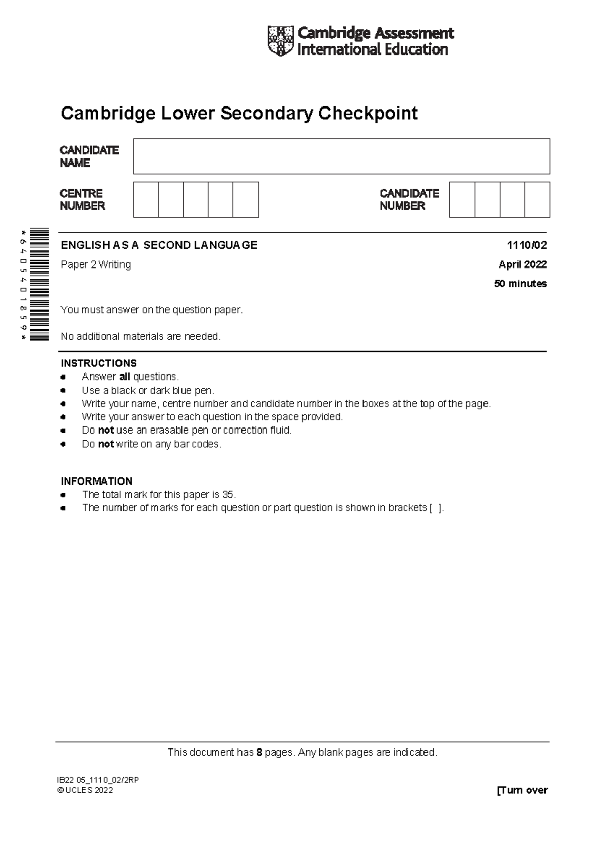 Cambridge Lower Secondary Checkpoint: ESL Paper 2 Writing Exam (1110/02 ...