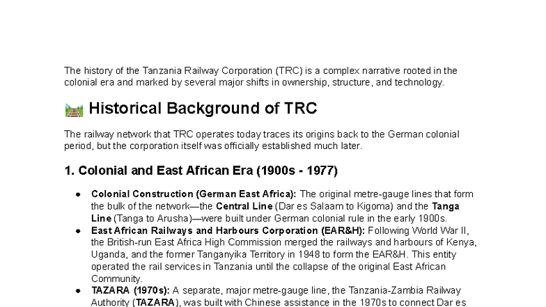 Historical Background of Tanzania Railway Corporation (TRC) - Studocu