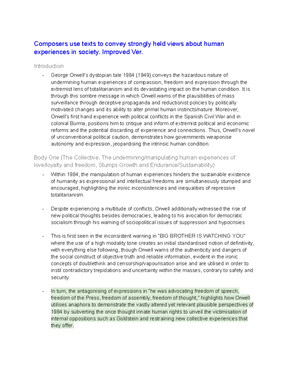 1984 Essay Formative: Exploring Human Experience and Totalitarianism ...