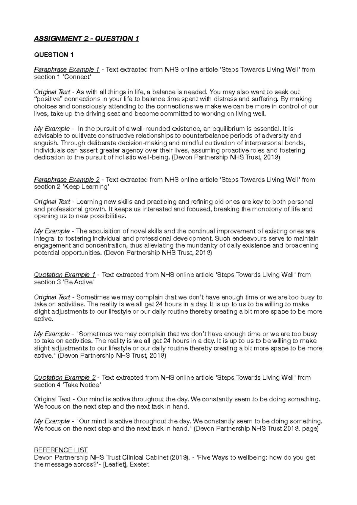 Assignment 2 - Question 1: Paraphrasing and Quoting Examples - Studocu