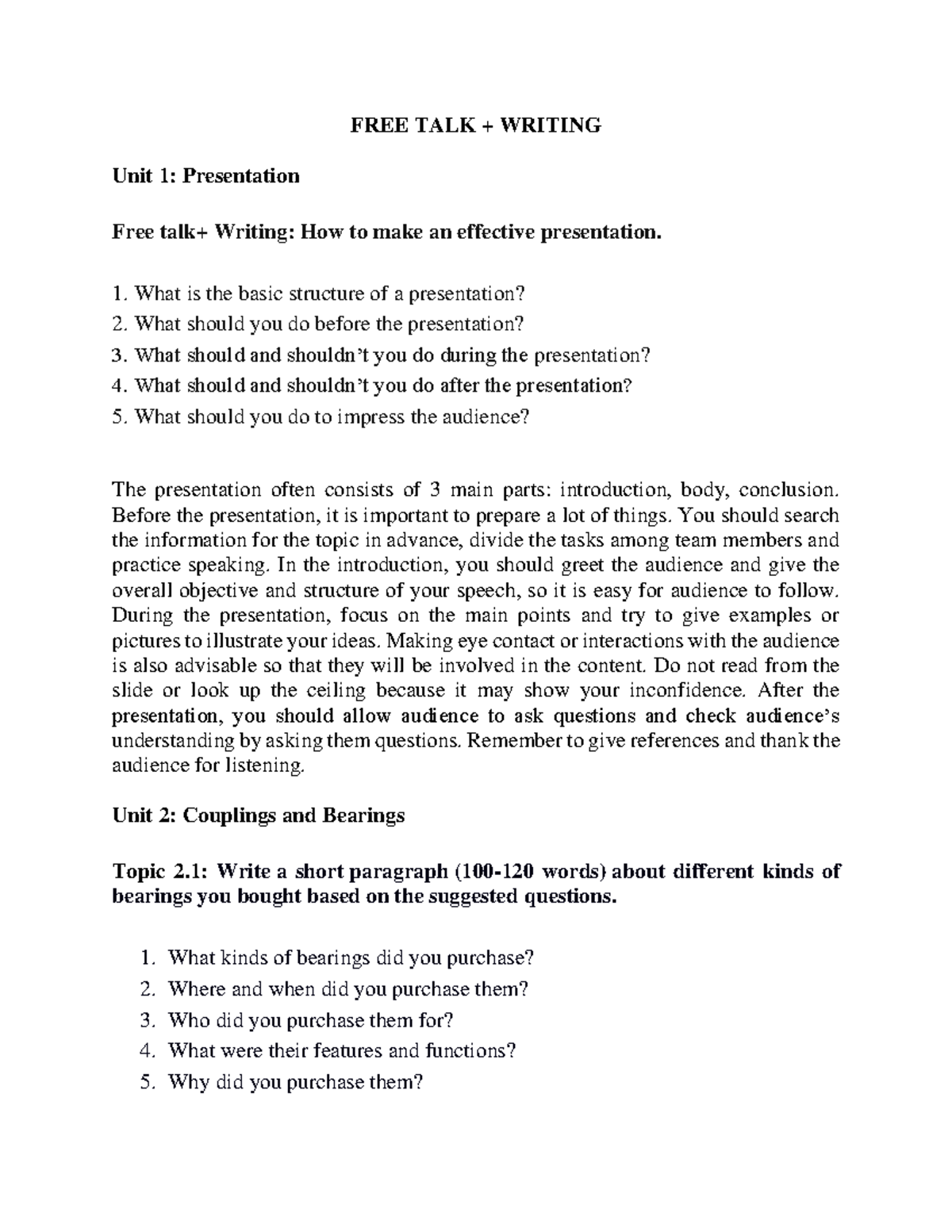 FREE TALK WRITING Unit 1: Effective Presentation Techniques and Tips ...