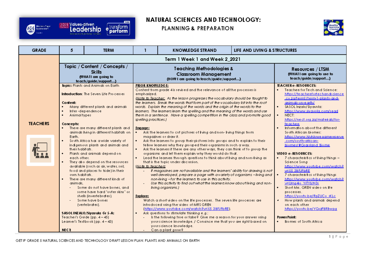 Grade 5 Natural Sciences & Technology Lesson Plan T1 W1 & W2 - Studocu