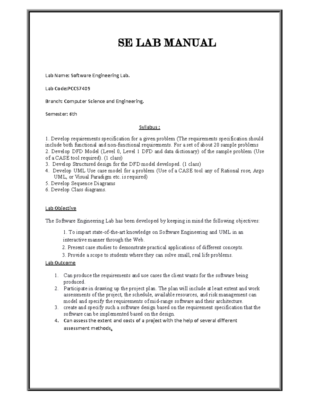 Se lab file - Lab file software engineering kcs651 - SELAB MANUAL Lab ...
