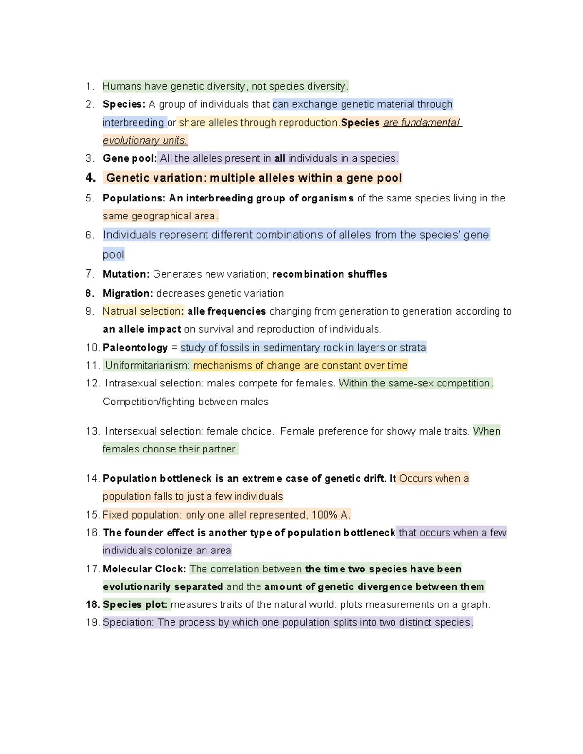 Bio 101 Midterm Review II: Genetic Diversity, Evolution, and Speciation - Studocu