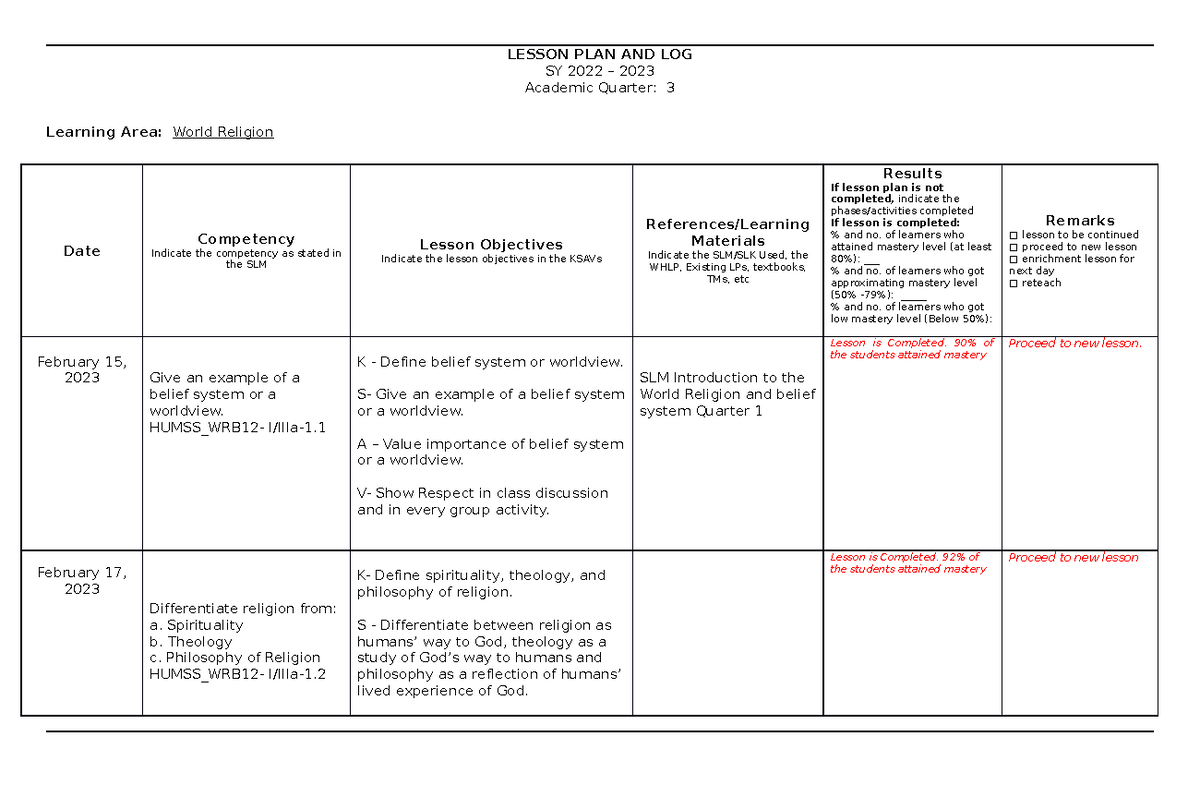 DLL-WR Lesson Plan: World Religion Competencies & Activities - Studocu
