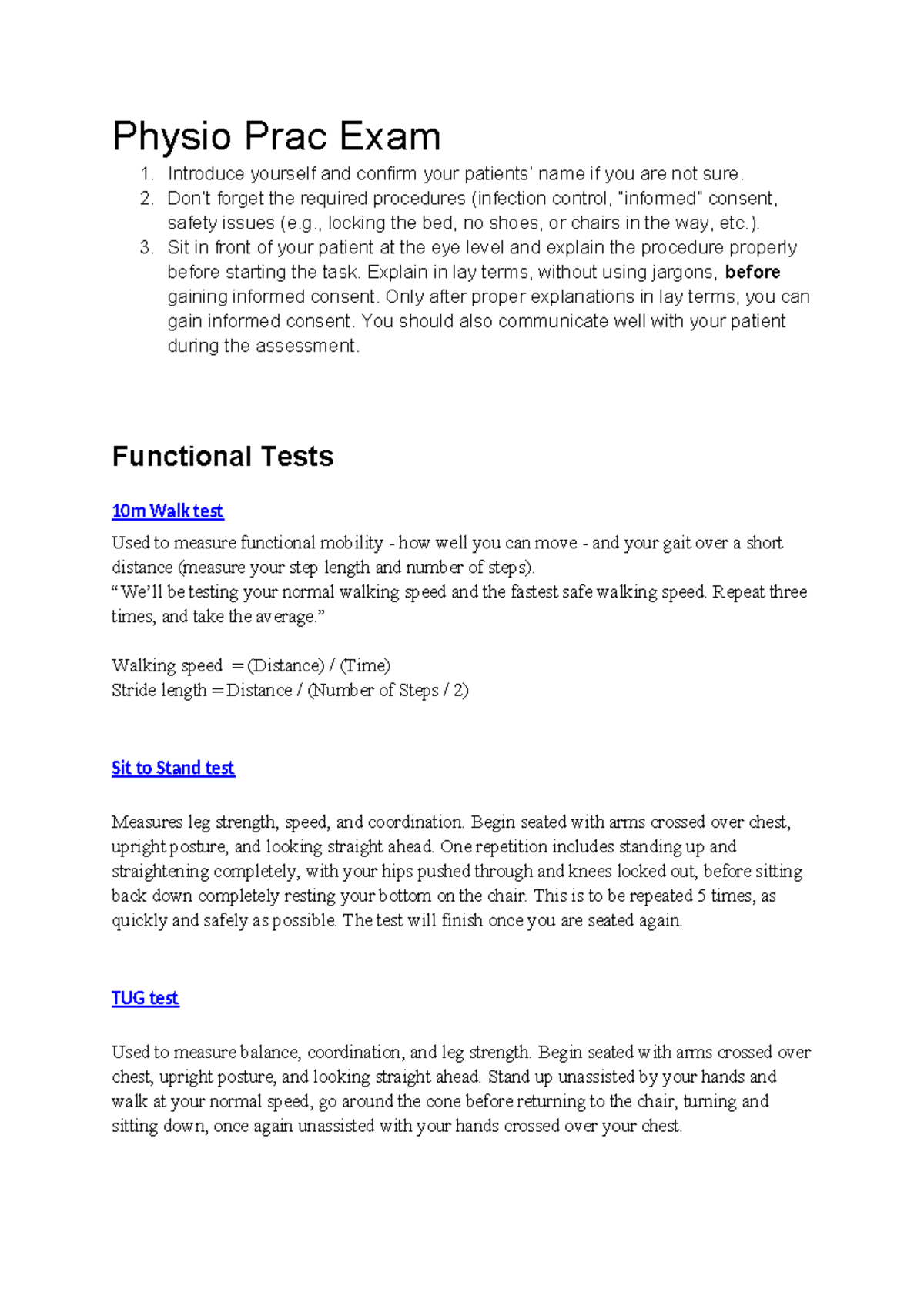 Physio FINAL PRAC EXAM Notes - Physio Prac Exam 1. Introduce yourself ...