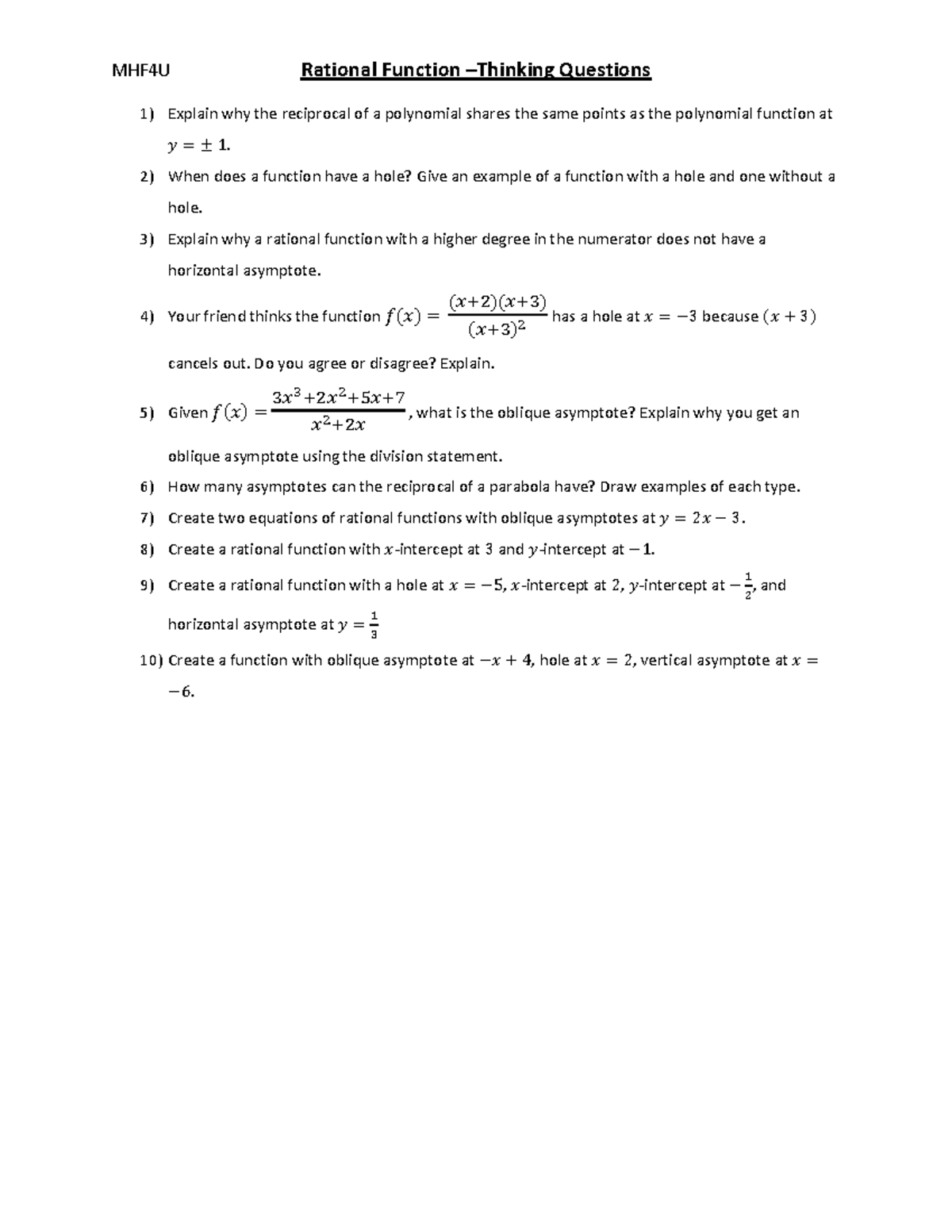 MHF4U Rational Function Thinking Questions Practice Guide - Studocu