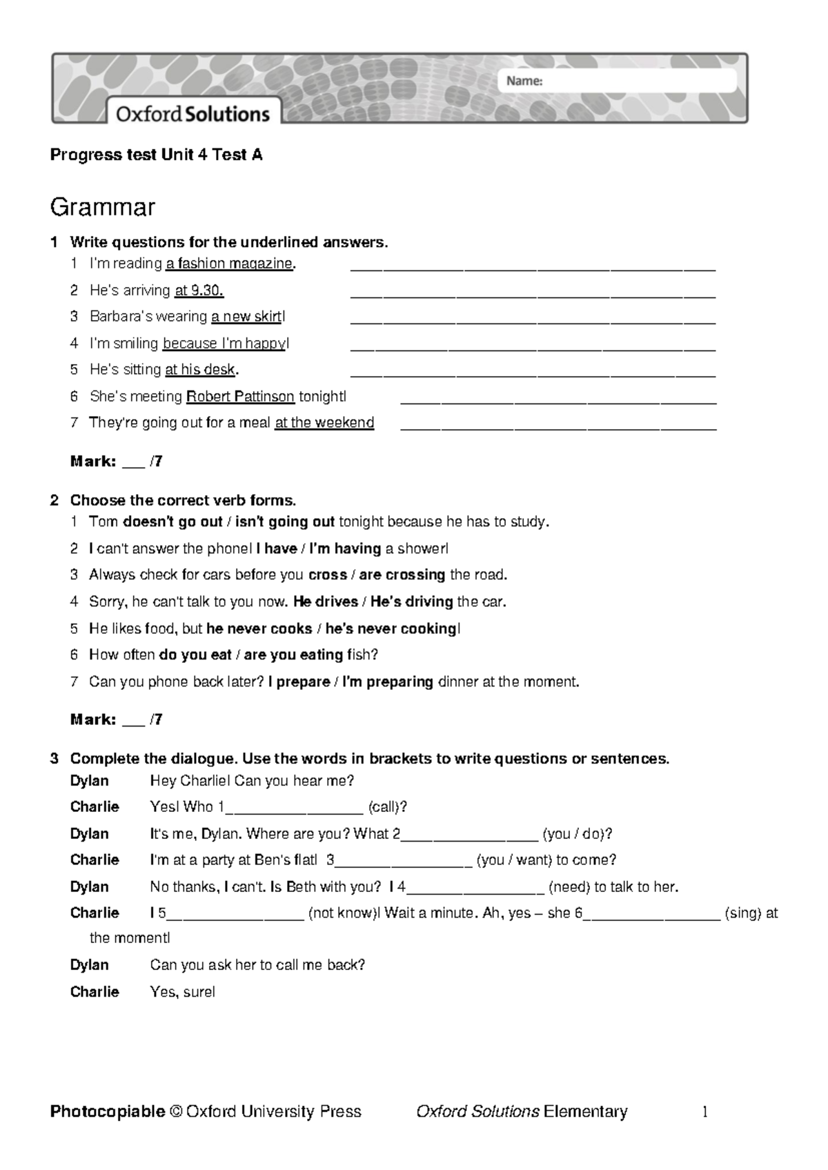 Oxford Solutions Elementary Progress Test 4A: Grammar & Vocabulary ...