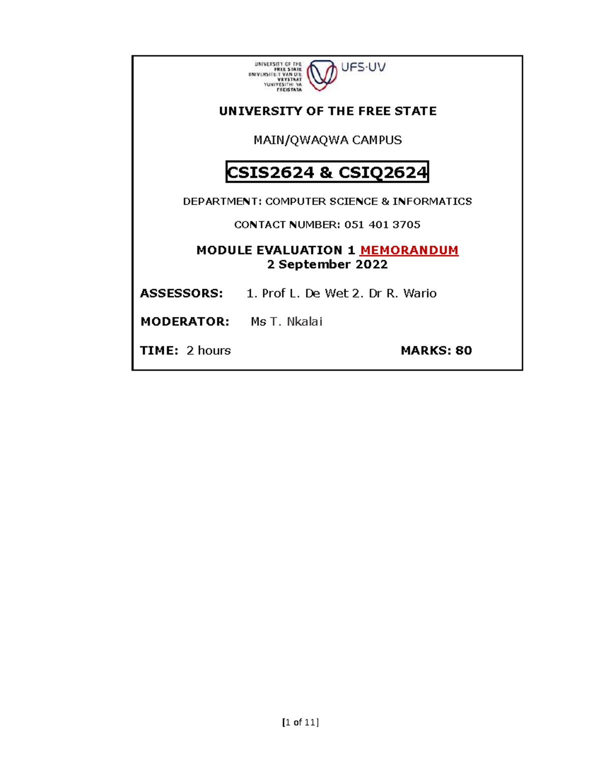 CSIS2624 CSIQ2624 Module Evaluation 1 Memorandum Final Exam - Studocu
