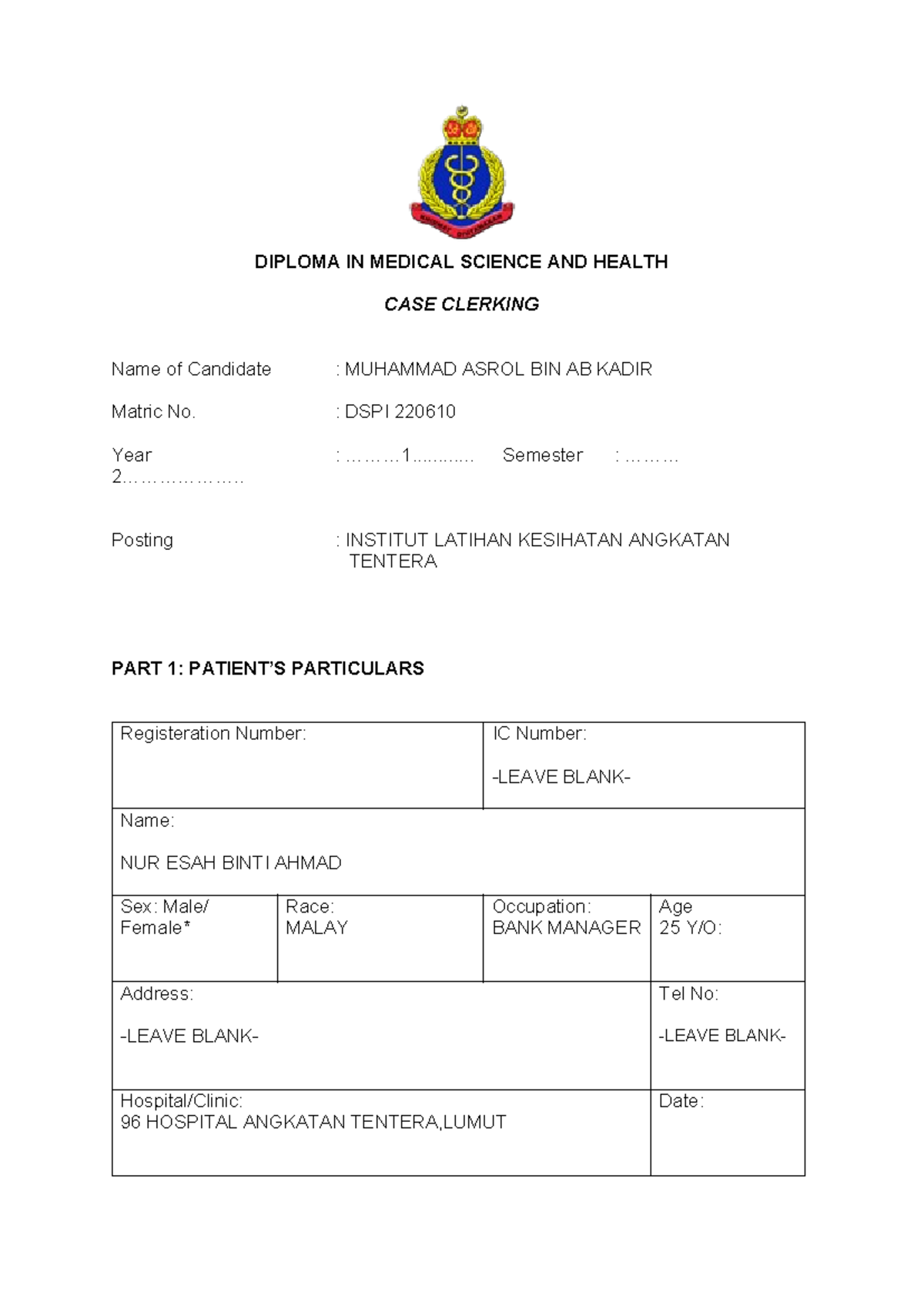 Case Clerking Report for DSPI 220610 - Patient N. Esah Ahmad - Studocu