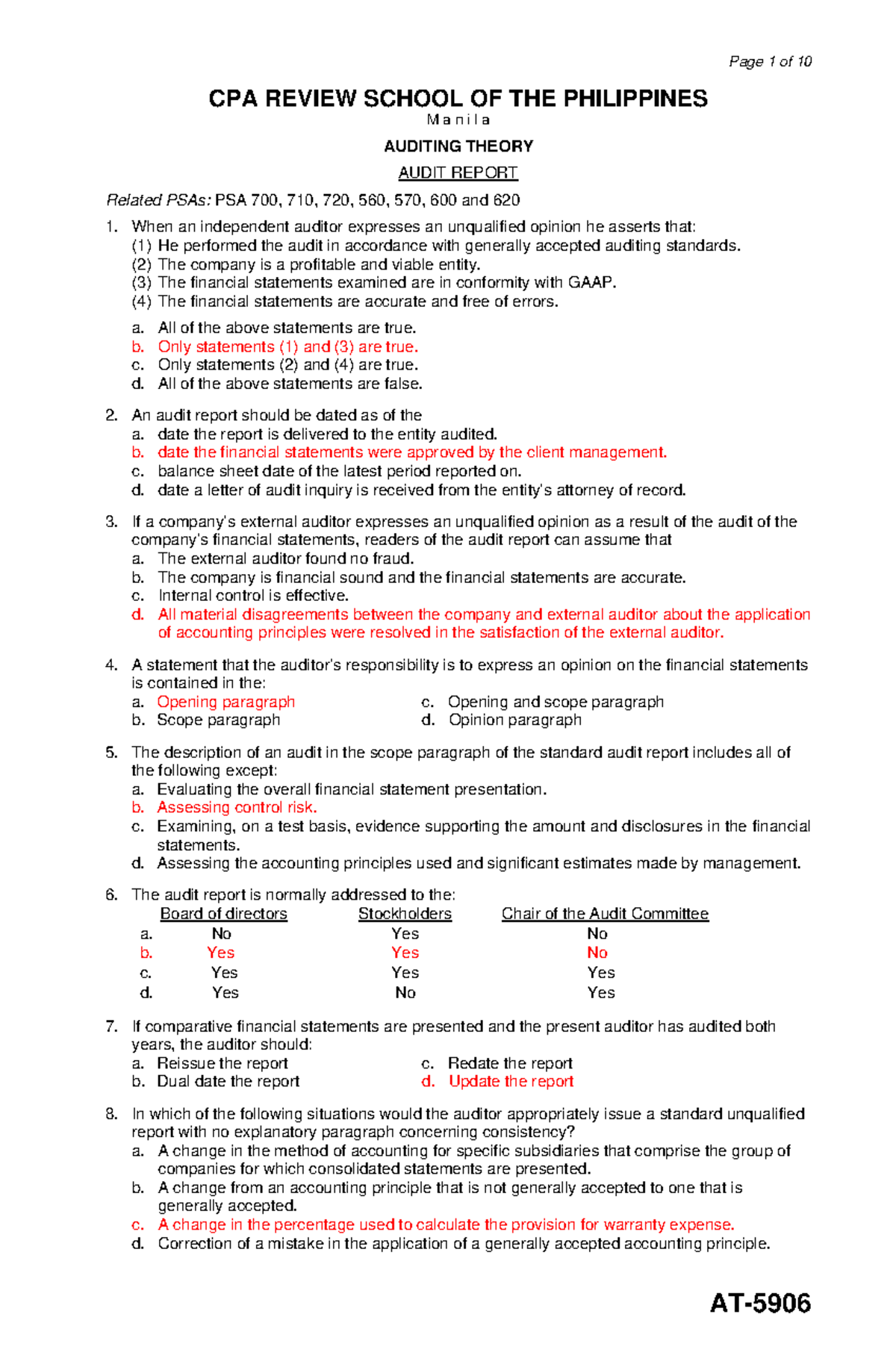 Audit Theory Practice Questions - CPA AUD 101 Test Bank - Studocu