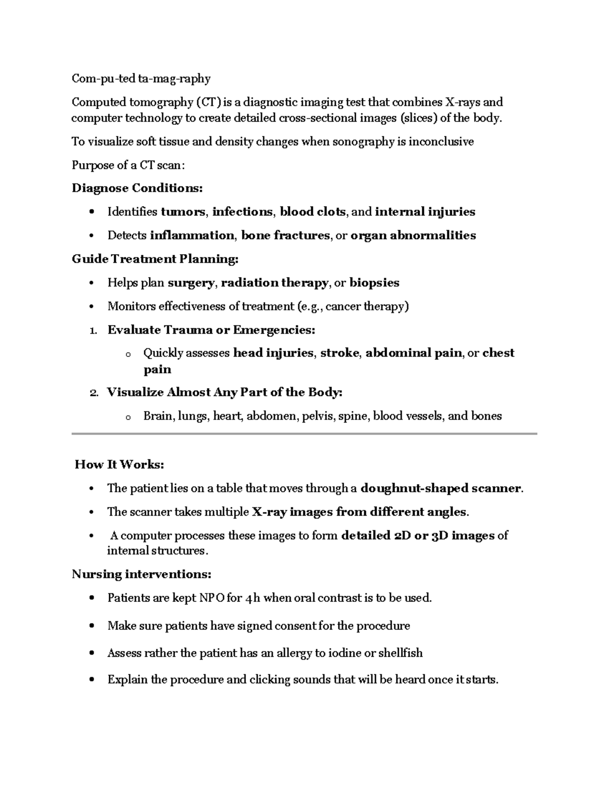 CT Scan Overview and Nursing Interventions - NUR203 Notes - Studocu